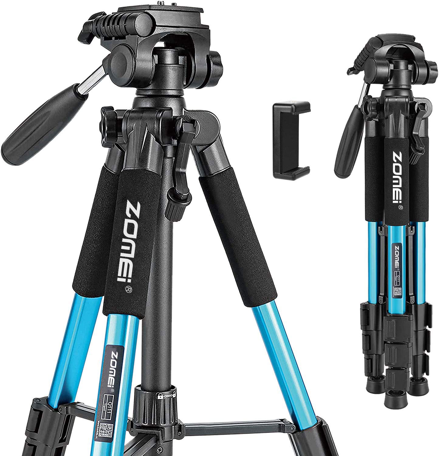 Portable 55-inch Camera Tripod Q111 Lightweight Phone Stand with Phone Holder and Quick Release Plate for DSLR Cameras,Cell Phones,Projector,Webcam,Spotting Scopes Canon EOS Nikon Sony Samsung(Blue)