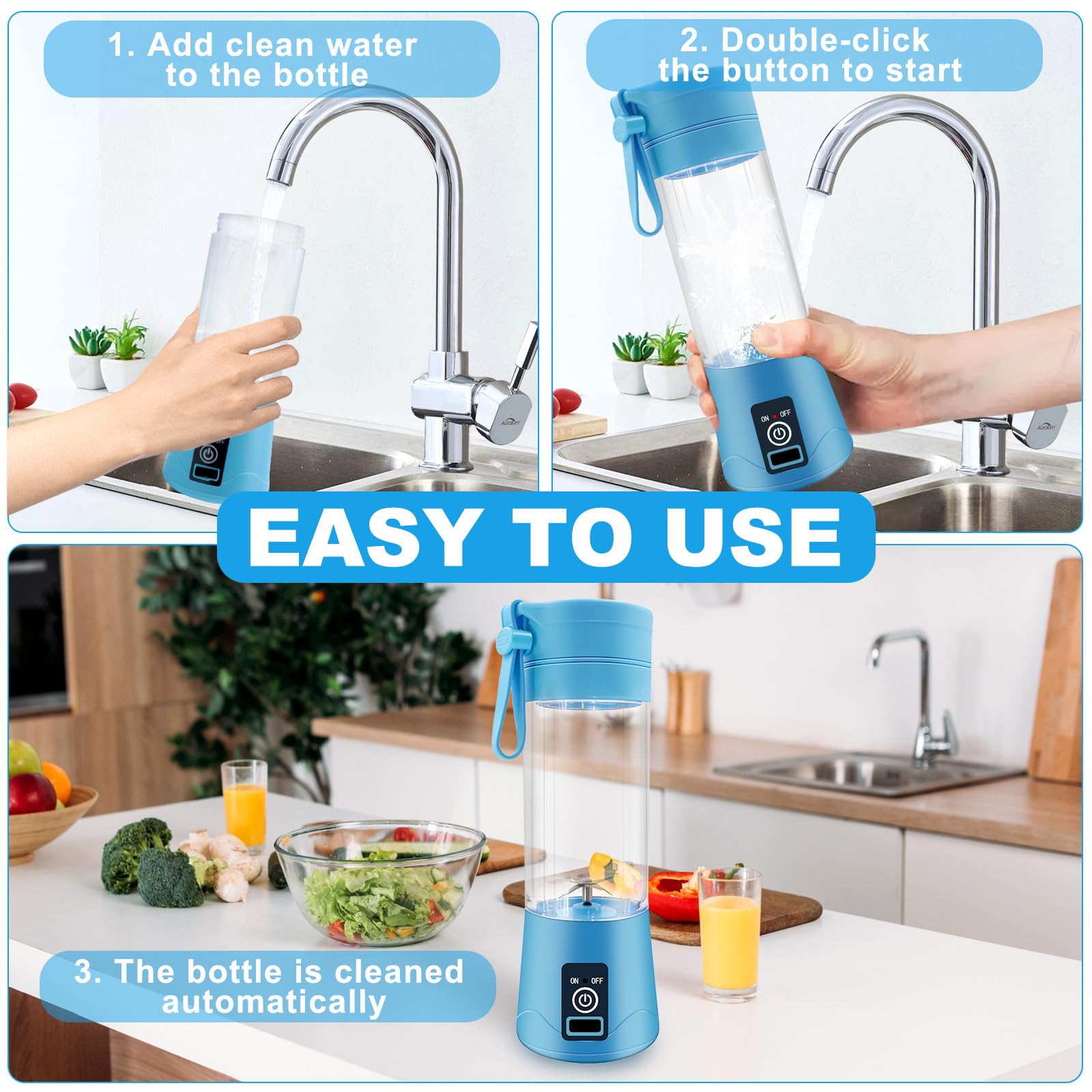 Portable Blender,Personal Blender for Shakes and Smoothies,Personal Size Blenders with USB Rechargeable Mini Fruit Juice Mixer, Mini Juicer Smoothie Blender Bottles Travel 380ML,Blue