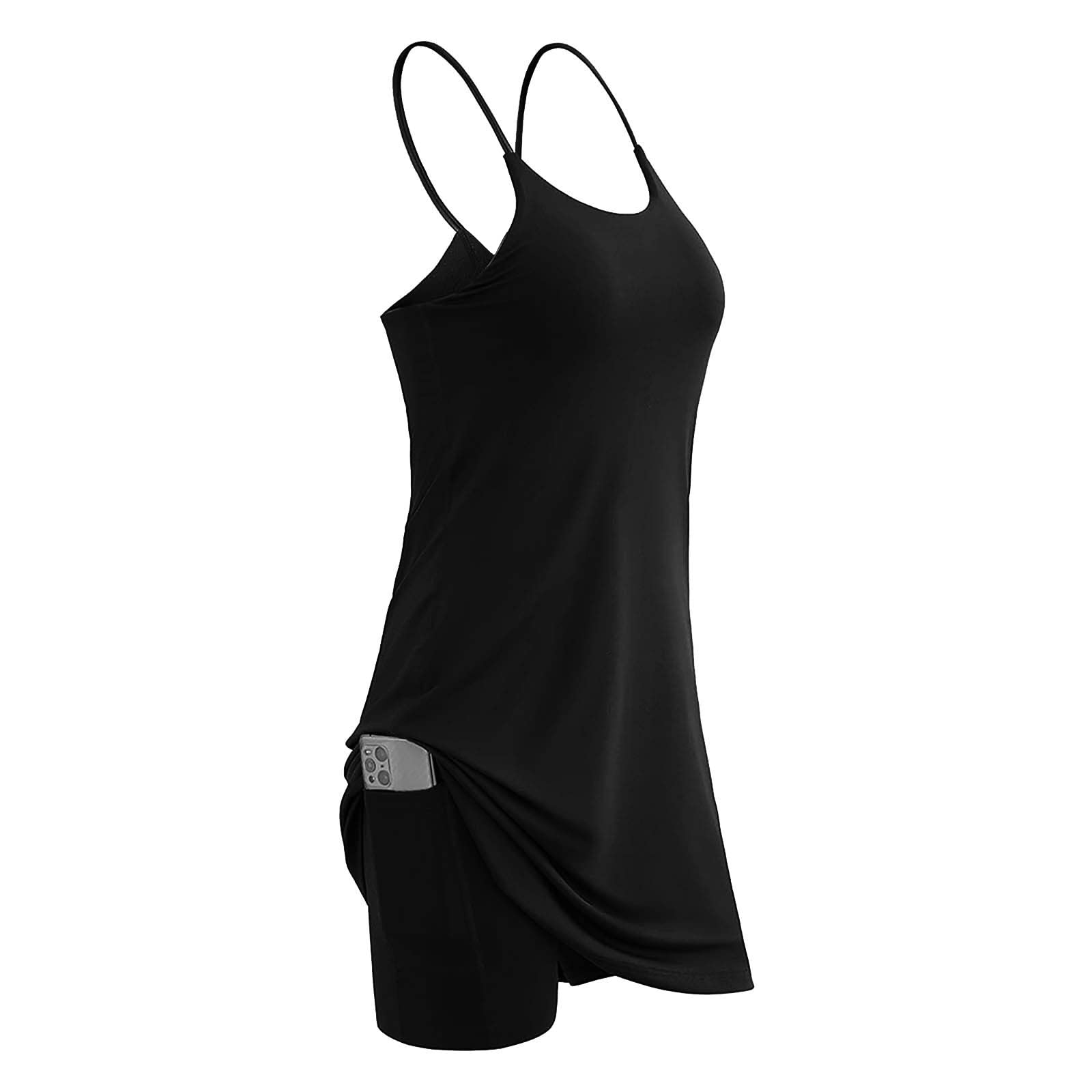 Women's Exercise Workout Dress with Built-in Bra & Shorts Sleeveless Tennis Golf Athletic Dress with Pockets Black L
