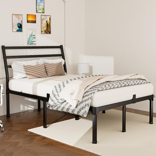 ROIL Queen Size Metal Bed Frame with Headboard, 14inch Black Heavy Duty Platform with Steel Slats Support and Mattress Stoppers, 3500LBS No Box Spring Needed, Easy Assembly Noise-Free