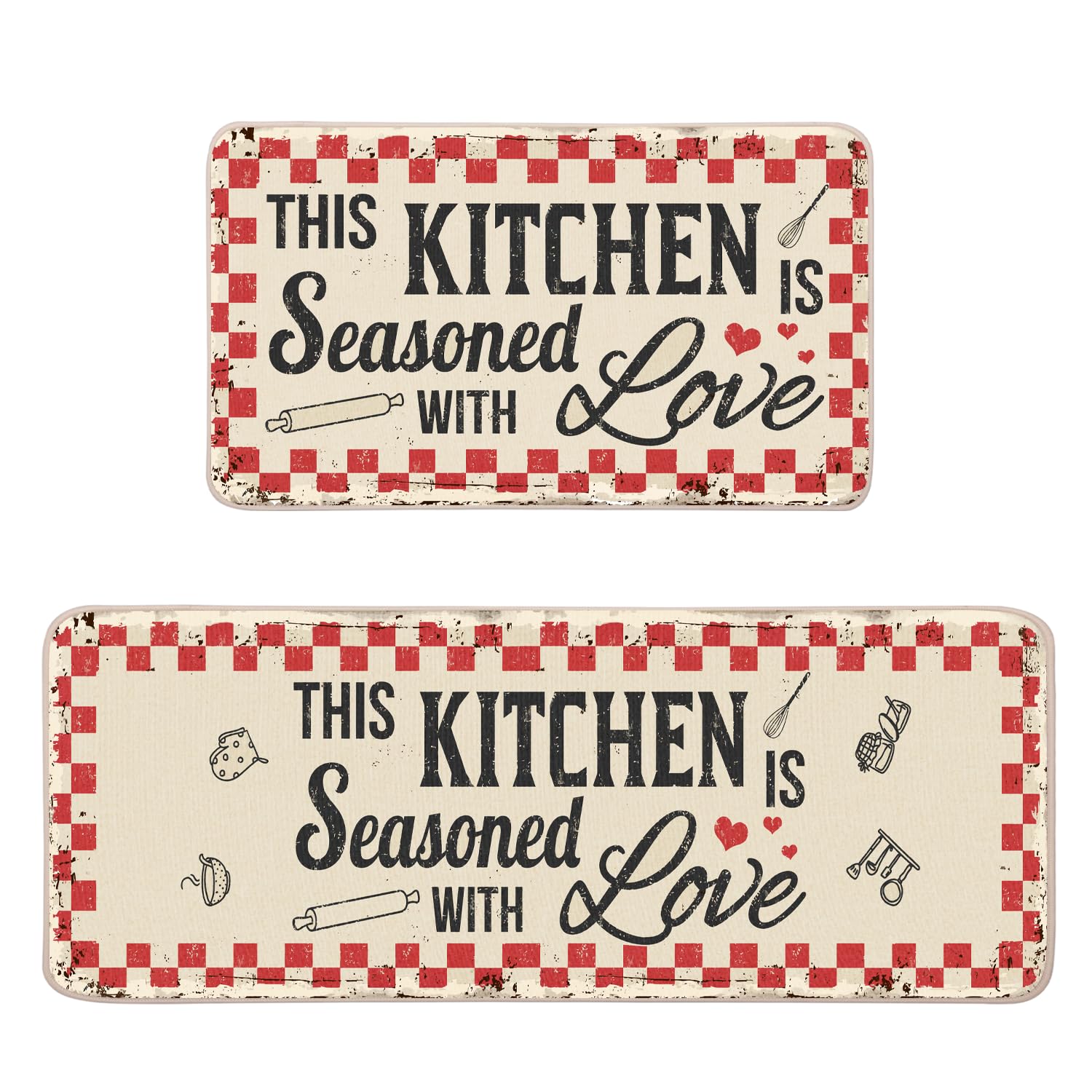 YOUWOUS The Kitchen is Seasoned with Love Kitchen Mats Set of 2-17x29 and 17x47 Inch, Decorative Non Slip Backing Floor Mat for Home Kitchen Red