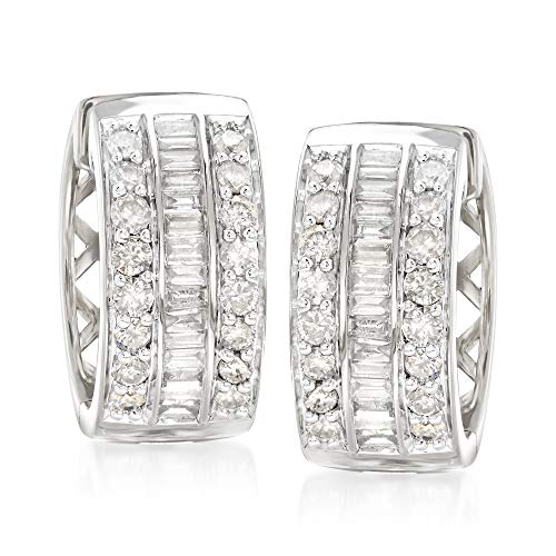 Ross-Simons 1.00 ct. t.w. Baguette and Round Diamond Hoop Earrings in Sterling Silver