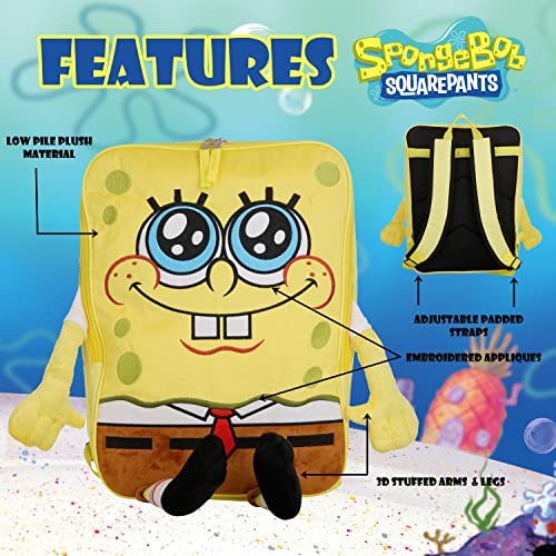 SpongeBob Square Pants Backpack for Boys & Girls, Plush Padded Bookbag with Adjustable Shoulder Straps, SpongeBob Schoolbag with 3D Arms and legs, Durable School Bag for Kids
