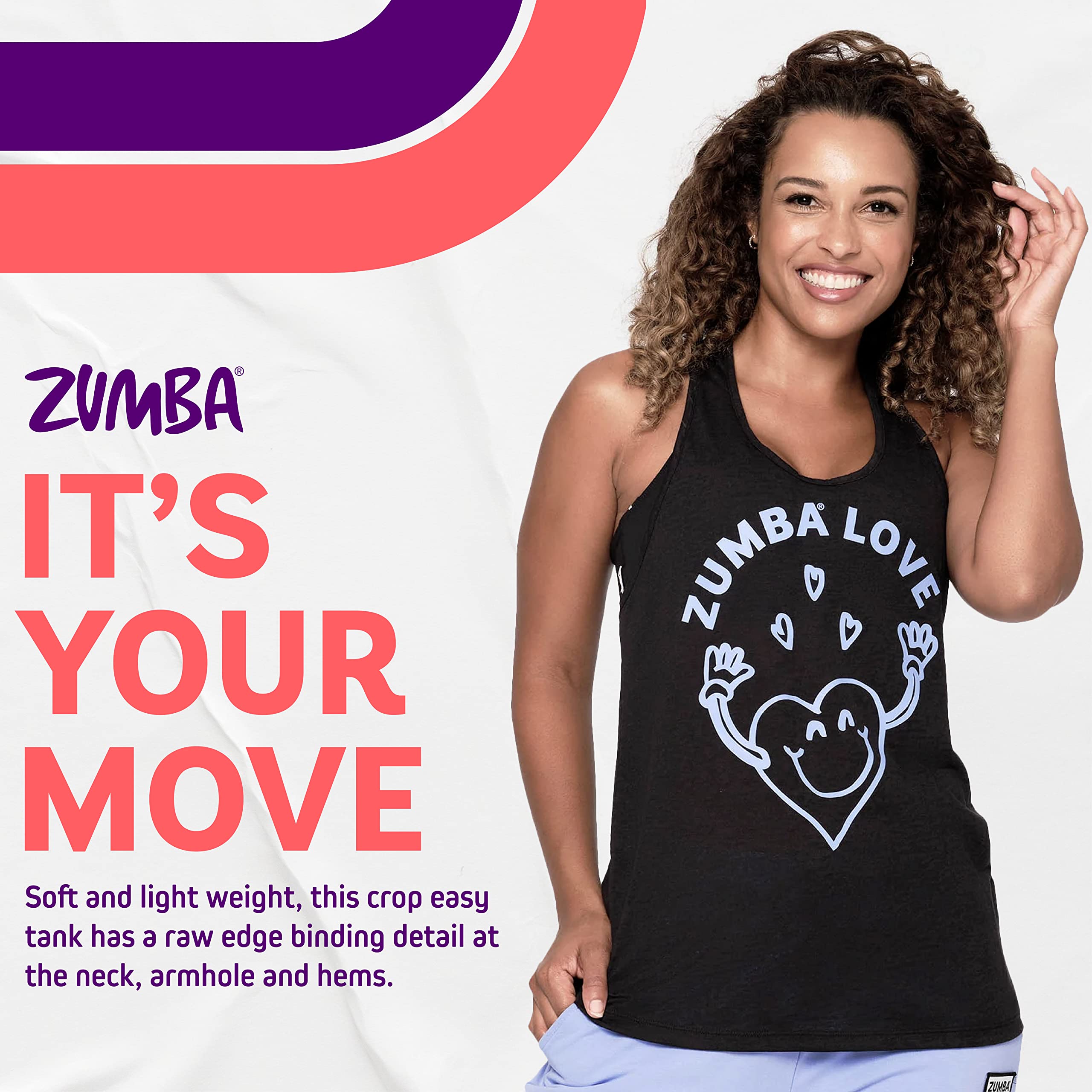 ZUMBA Love Cute Easy-Fit Graphic Twisted Back Tank Top for Women, L, Bold Black
