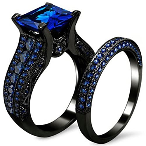 Women's Jewelry Black Gold Plated Princess Cut Blue CZ 2 Piece Wedding Engagement Rings Promise Bridal Set (US Code 5-12) (8)