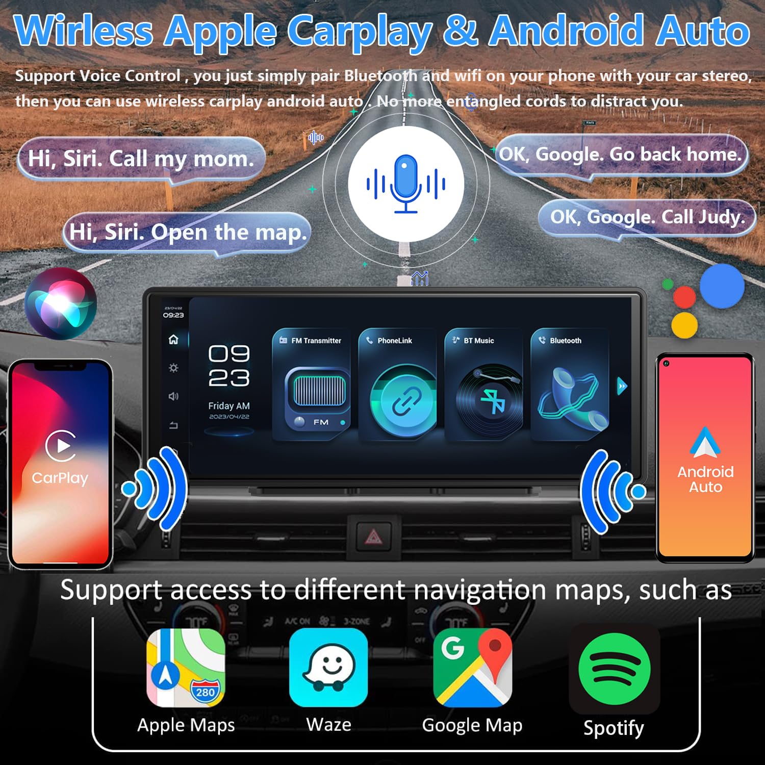 Portable Car Stereo Wireless Apple Carplay Wireless Android Auto, 9.3INCH IPS Touchscreen Car Audio Receivers with Bluetooth, Wireless Portable Multimedia Player, FM/AUX/TF/USB/Dash Mount Car Stereo