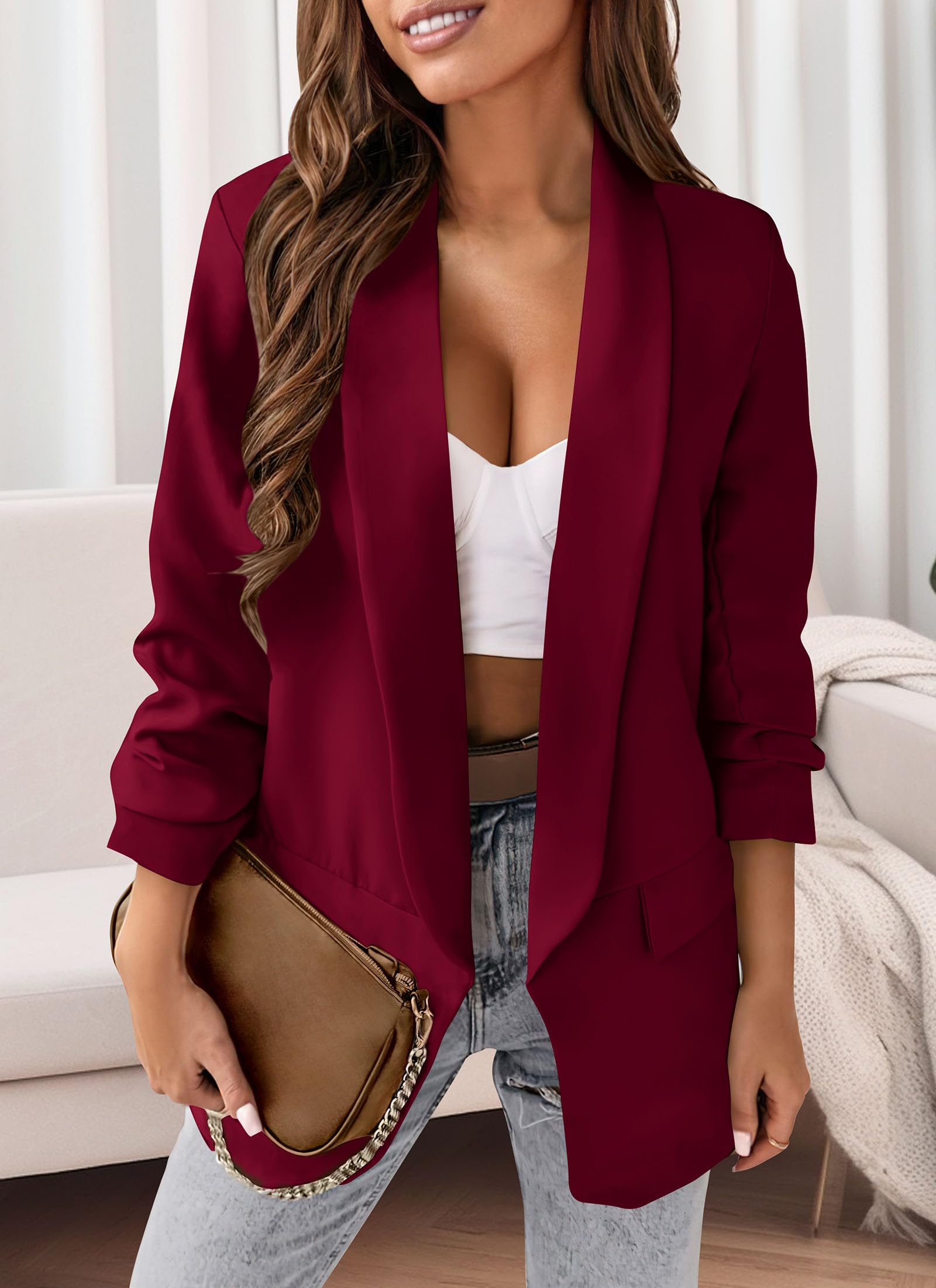 PRETTYGARDEN Womens Casual Blazers 2024 Fall Open Front Long Sleeve Work Office Jackets Blazer (Wine Red,Large)