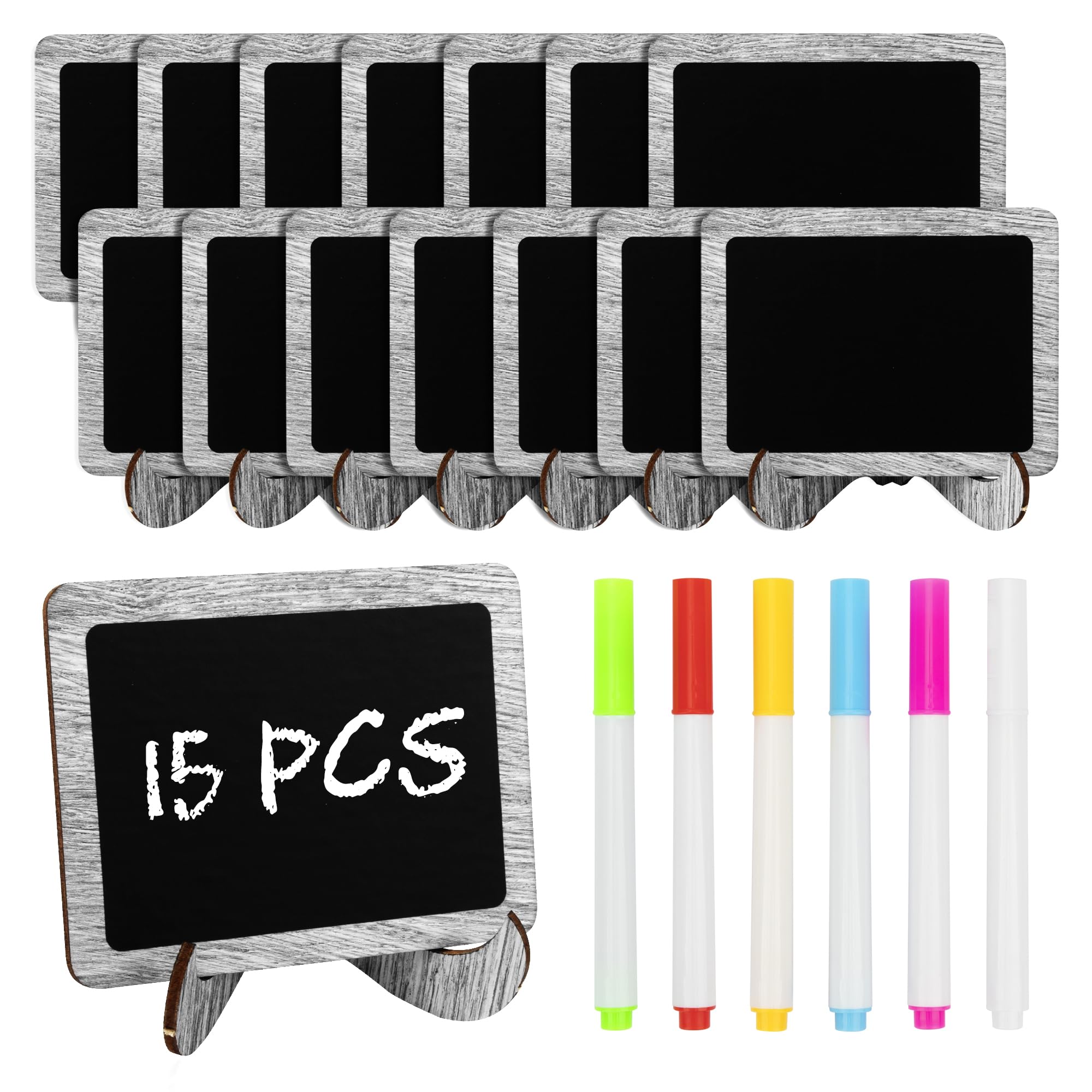 Temlum 15 Pcs Mini Chalkboard Sign with 6 Color Chalk Markers, 2.9″ x 3.9″ Wooden Blackboard Reusable Small Chalkboards for Food, Buffet, Message Board, Table Number (Rustic Brown)