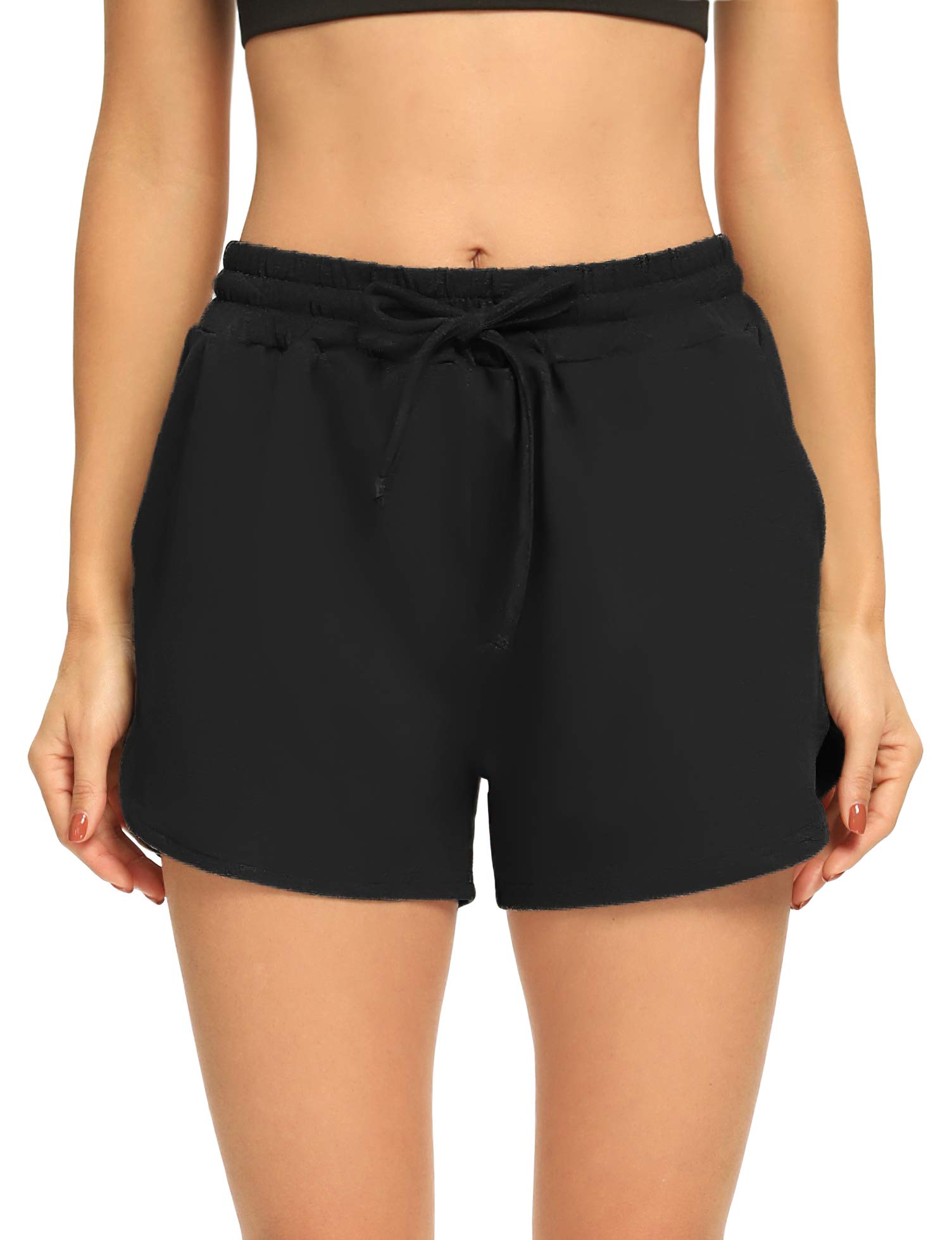 THANTH Womens 3" Yoga Shorts Elastic Waist Comfy Lounge Pajamas Workout Running Terry Jersey Shorts with Pockets Black M