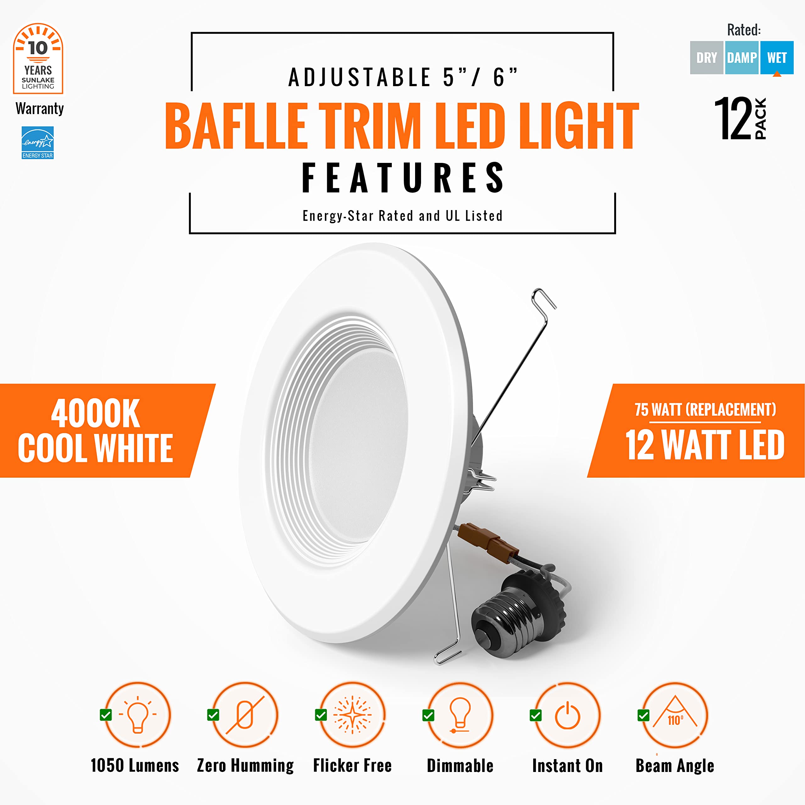 SunLake 12 Pack LED Recessed Lighting, LED Ceiling Lights Fixtures, 5/6 Inch Downlight, Baffle Trim, 12 WATT = 75 WATT, Dimmable 3000k Warm White, UL and Energy Star Certified