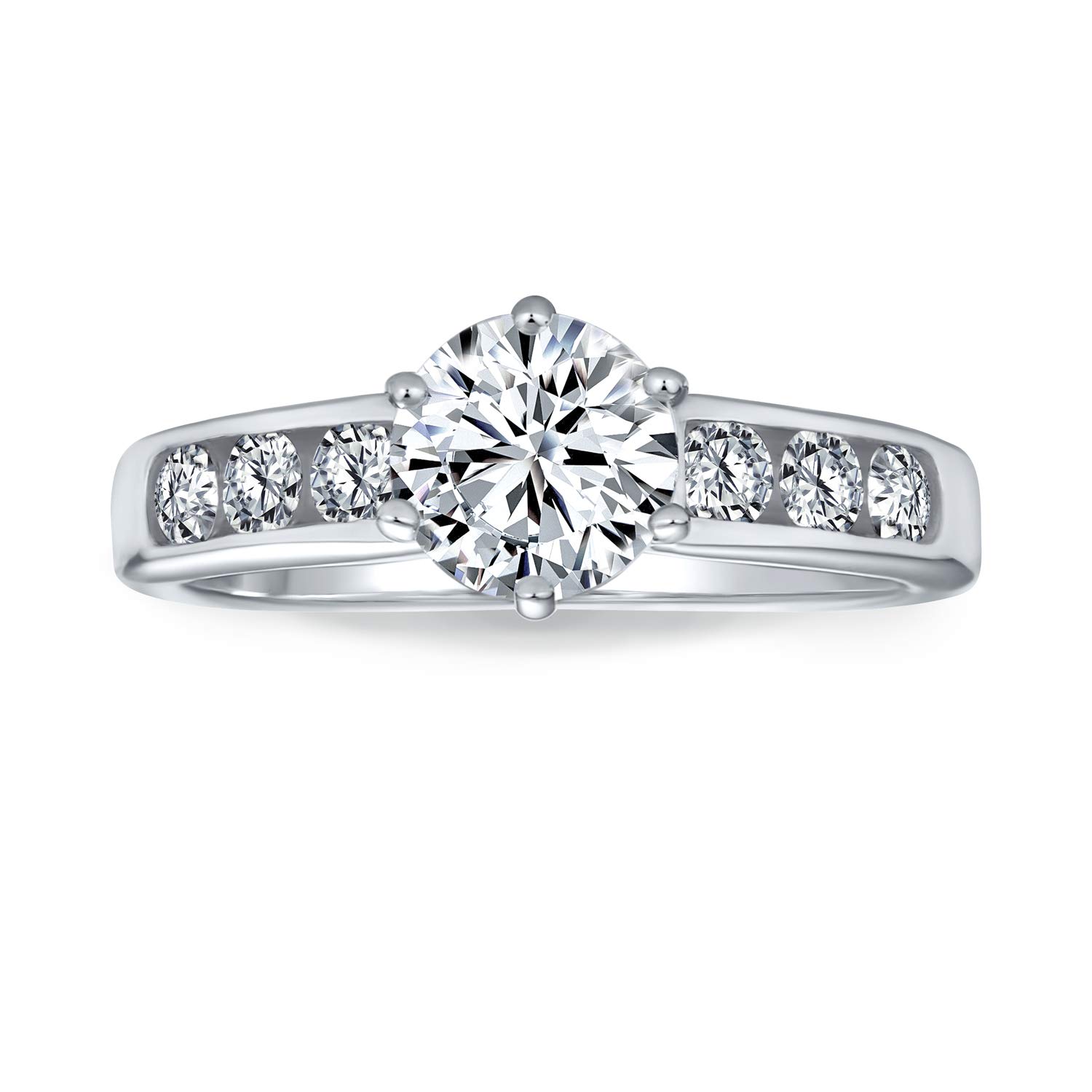 Personalize 2CT AAA CZ Cubic Zirconia 6 Prong Round Brilliant Solitaire Engagement Ring For Women .925 Sterling Silver Channel Set CZ Side Stones Band Custom Engraved