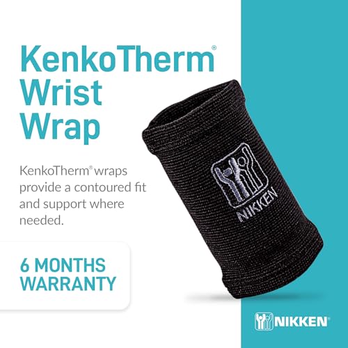 Nikken KenkoThermĀ® Wrist Wrap Medium 1825 Black - Thin Ceramic Reflective Fibers that reflects heat from your body to provide a gentle warming effect for tired or tight muscles Weightlifting , Boxing - Support Wrap - Compression, Support