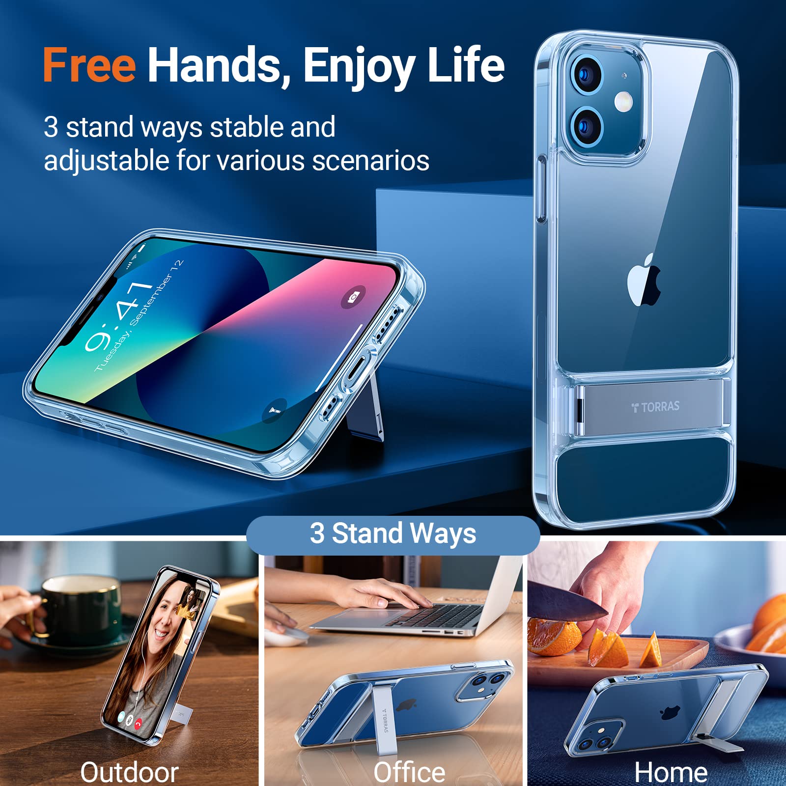 TORRAS 𝑻𝑶𝑹𝑹𝑨𝑺 MoonClimber Designed for iPhone 12 Mini Case [5X Military Armor-Level Shockproof] [3 Stand Ways] with Adjustable Metal Kickstand Slim Clear Stand Case, Clear