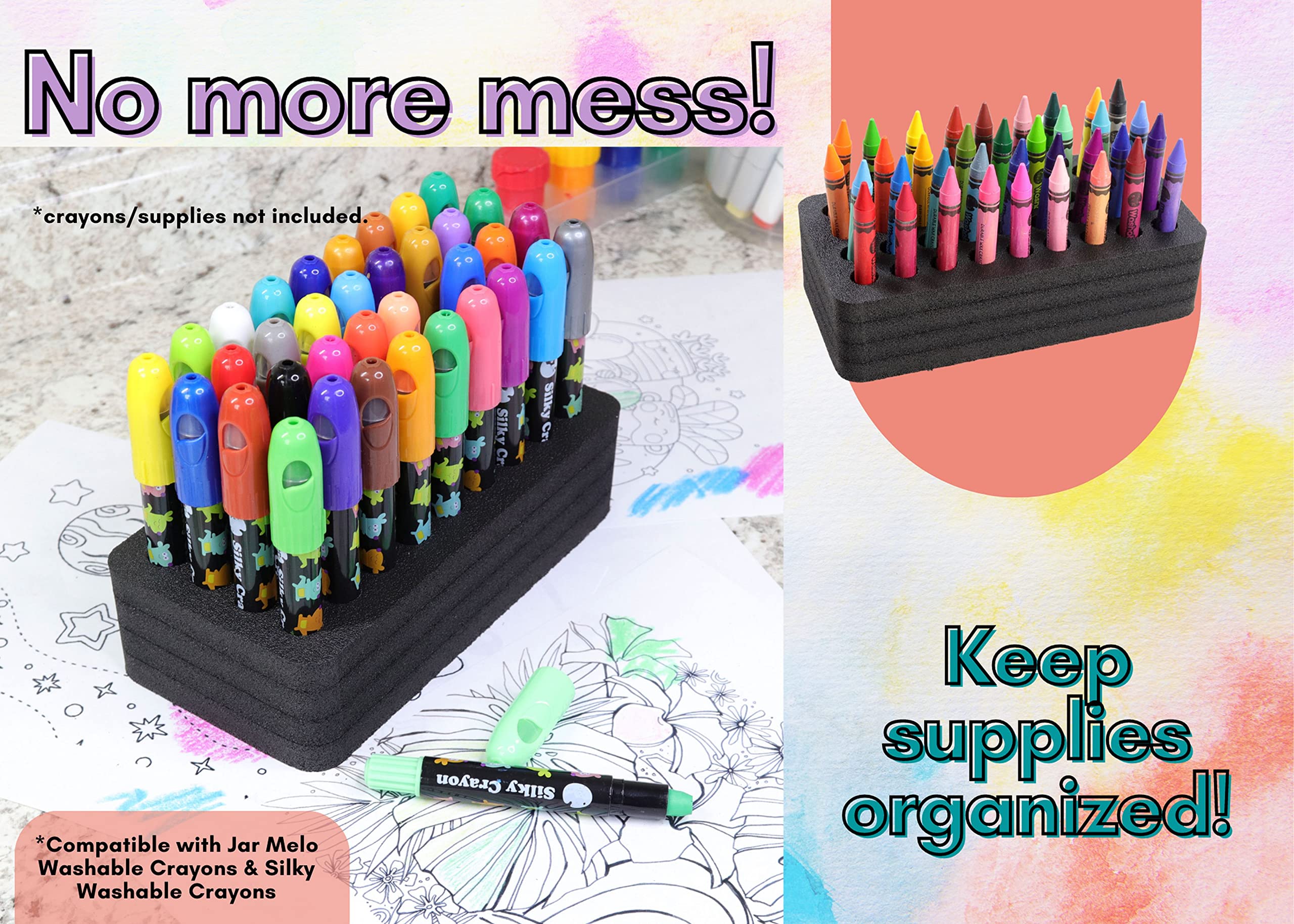 Polar Whale 2 Jumbo Washable Crayon Desk Stand Organizers Compatible with Jar Melo and Others Design Storage Tray Supply Non-Scratch Non-Rattle Washable Durable Black Foam Each Holds 36