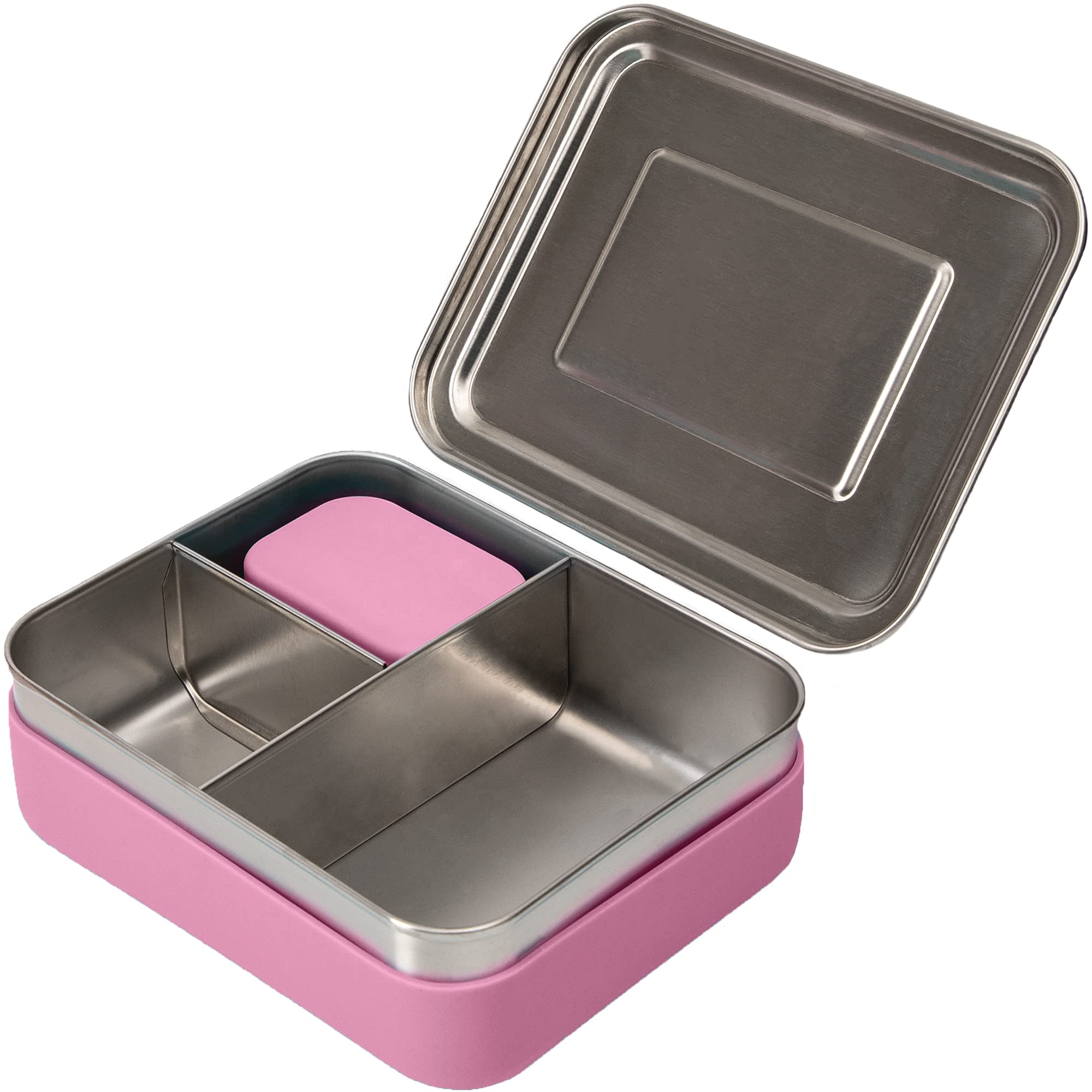 WeeSprout 18/8 Stainless Steel Bento Box (Compact Lunch Box) - 3 Compartment Metal Lunch Containers, Skid-proof Silicone Sleeve, for Kids & Adults, Bonus Dip Container, Fits in Lunch Bag & Backpack