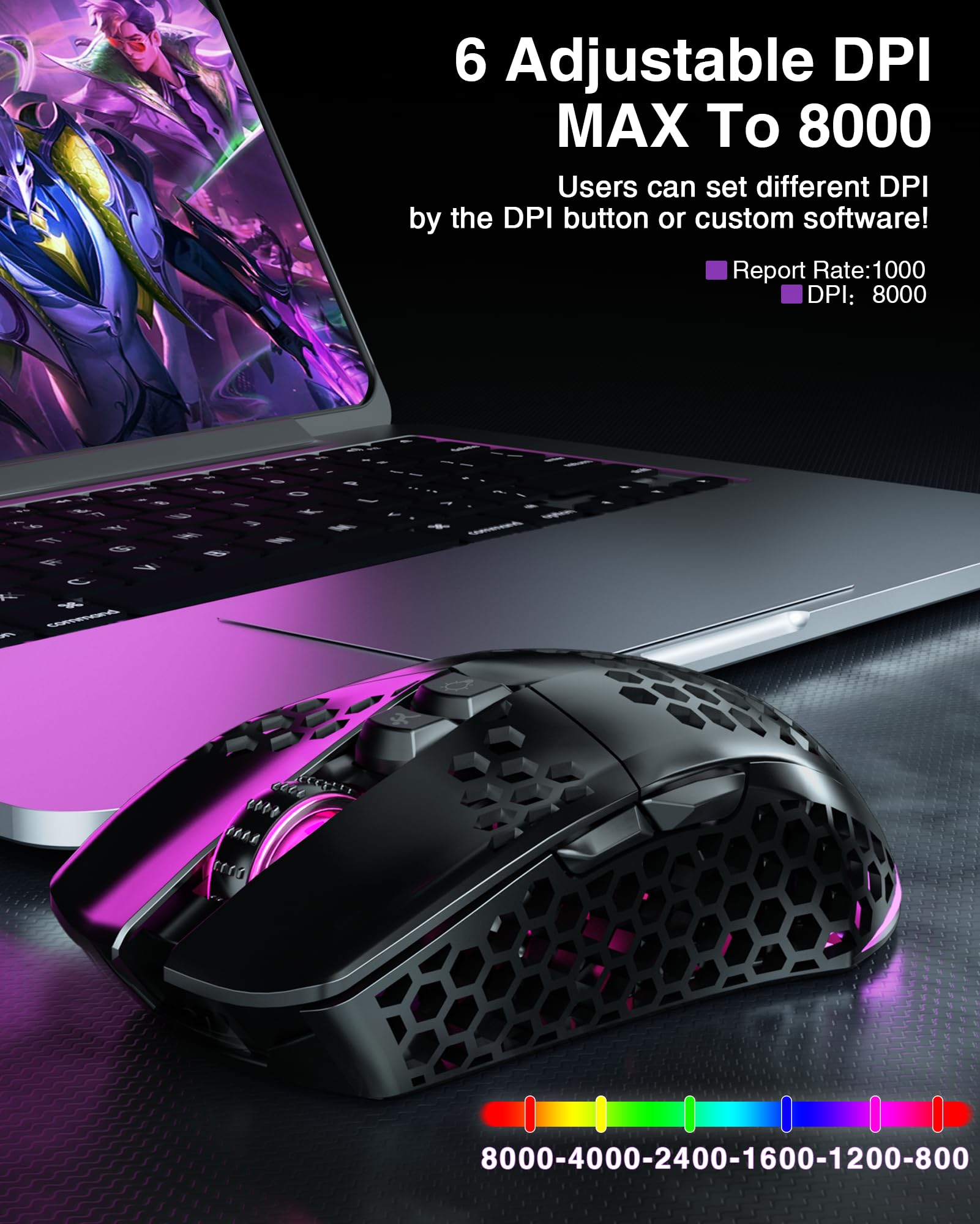 SOLAKAKA Lightweight Wireless Gaming Mouse Bluetooth with Honeycomb Shell, Side Buttons, RGB Lights, (2.4G/BT5.0) Ergonomic Optical Rechargeable Computer Mice for Windows PC/Mac - Black