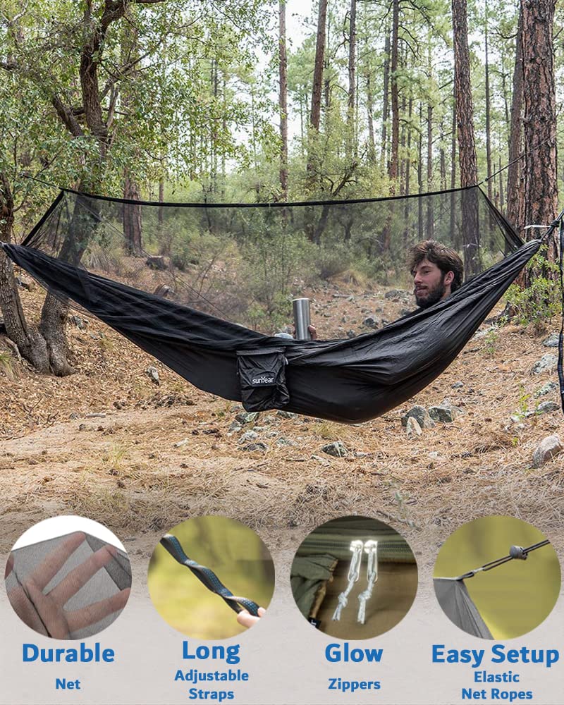 Sunyear Hammock Camping with Rain Fly Tarp and Net, Portable Camping Hammock Double Tree Hammock Outdoor Indoor Backpacking Travel & Survival, 2 Tree Straps,100% Waterproof, Black