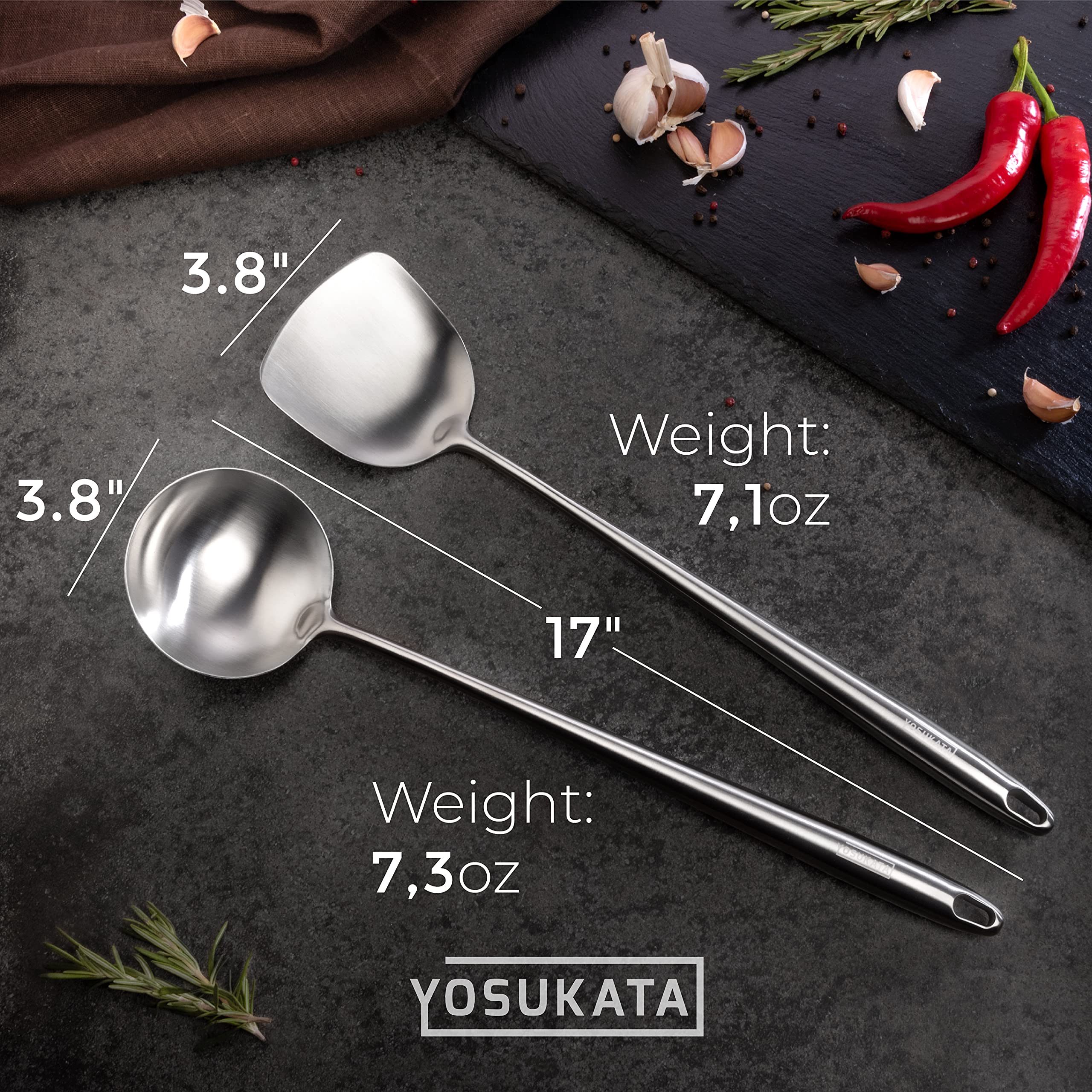 YOSUKATA Silver Round Bottom Wok Pan β 14" Woks and Stir Fry Pans + Wok Lid 13.6 Inch + 17ββ Wok Spatula and Ladle