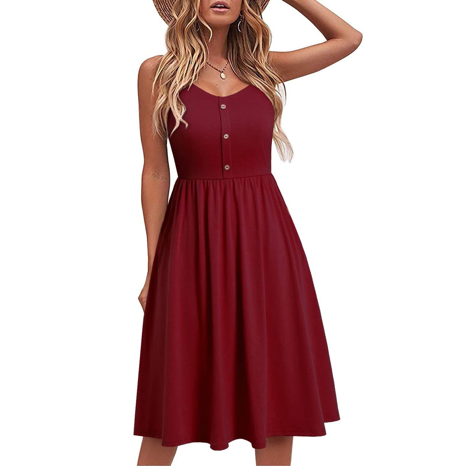 YMUQEIGH Women's Casual Beach Summer Dresses Solid Color A-Line Spaghetti Strap Button Down Sundress Sexy V Neck Midi Dress