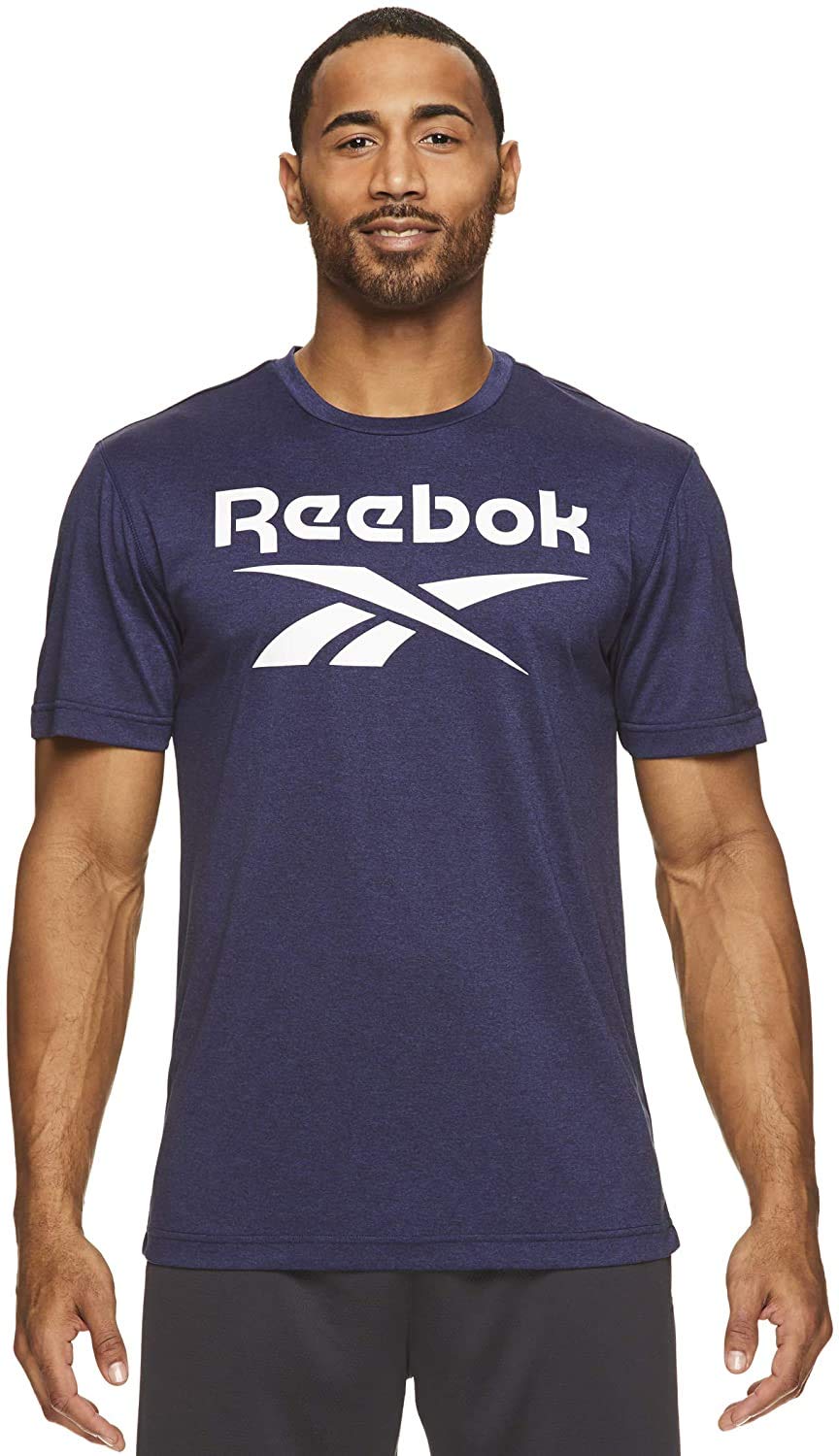Reebok Men's Supersonic Crewneck Workout T-Shirt Designed with Performance Material - Neptune Navy Heather Blue, Medium