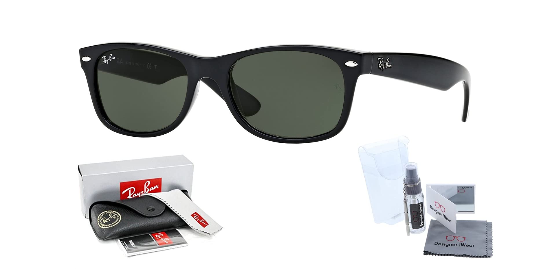 Ray-Ban RB2132 NEW WAYFARER Square Sunglasses For Men For Women + BUNDLE with Designer iWear Eyewear Kit (Matte Black on Opal Ice/Crystal Lens Light Grey Gradient Dark Grey)