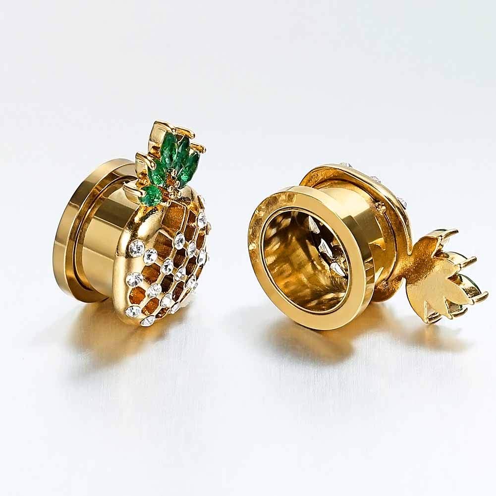 TBOSEN Stainless Steel Screw Gold Pineapple Ear Gauges Plugs Tunnels Expander Body Piercing 2 PCS