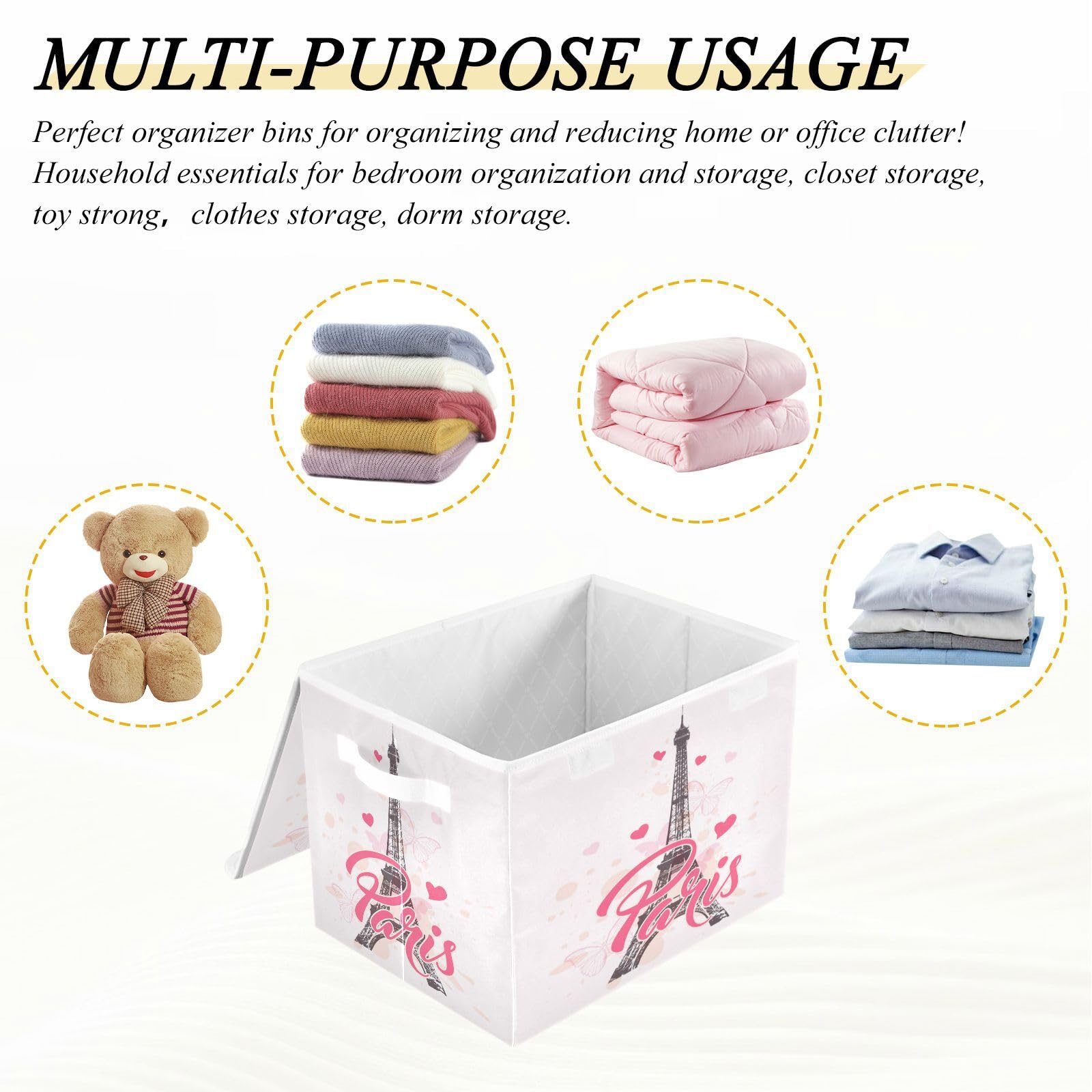 SUABO Paris Eiffel Tower Storage Bin with Lid, Pink Large Oxford Cloth Butterfly Love Storage Boxes Foldable Home Cube Baskets Closet Organizers for Nursery Bedroom Office