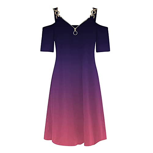 YMUQEIGH Women's Summer Dresses 2023 Vintsge Gradient Mini Beach Dress Sexy Cod Shoulder Zipper V Neck Sundress with Pockets