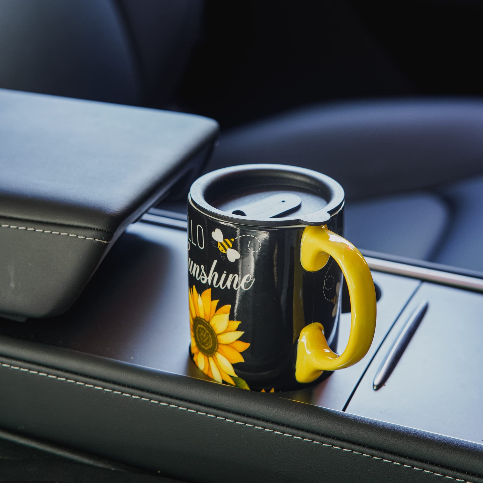 Topadorn Ceramic Coffee Mug Gift for Home & Office, 17oz. Porcelain Latte Travel Cup with Lid and Color Box, Sunflower Art Tea Mug with Handle, 6.5" H