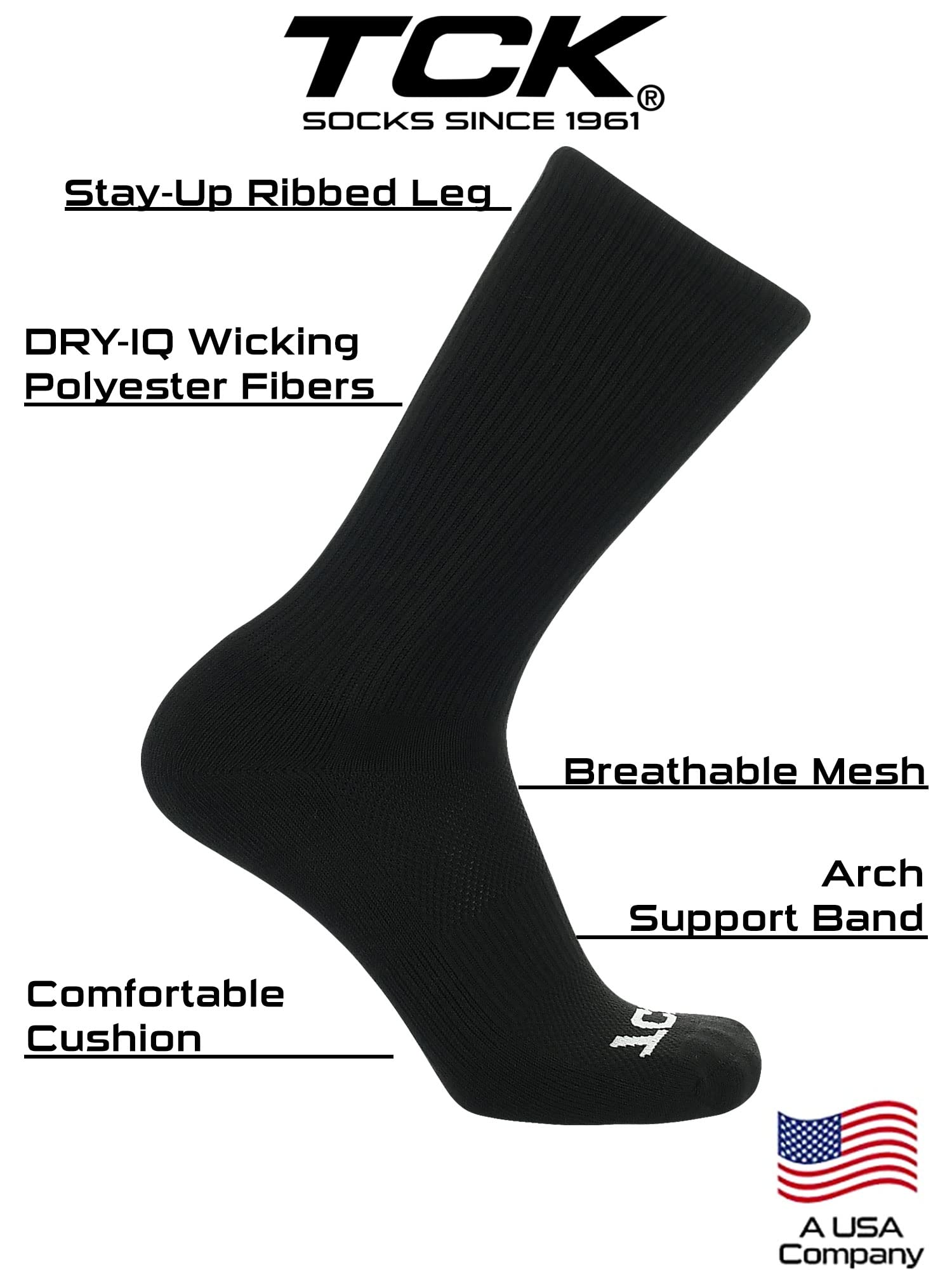 TCK 6 Pair Work & Athletic Crew Socks (Black, Large)