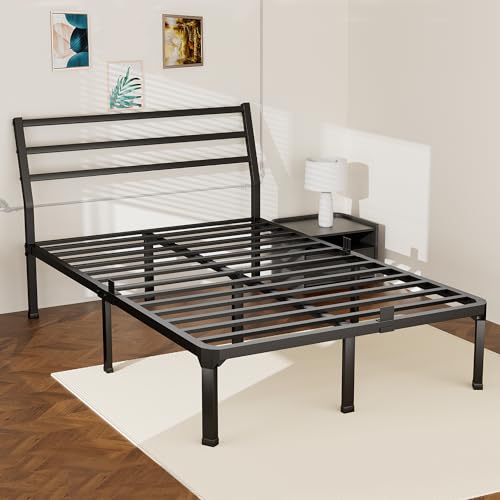 ROIL Queen Size Metal Bed Frame with Headboard, 14inch Black Heavy Duty Platform with Steel Slats Support and Mattress Stoppers, 3500LBS No Box Spring Needed, Easy Assembly Noise-Free
