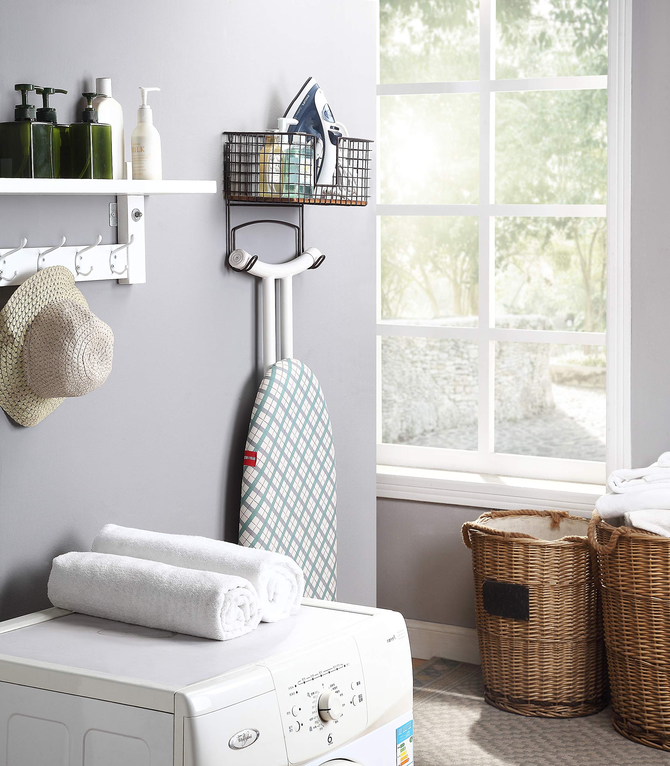 SunnyPoint Metal Wall Mount/Over The Door Ironing Board Holder with Large Storage Basket (ORB, 12" X 7" X 5.5" (Basket Size))