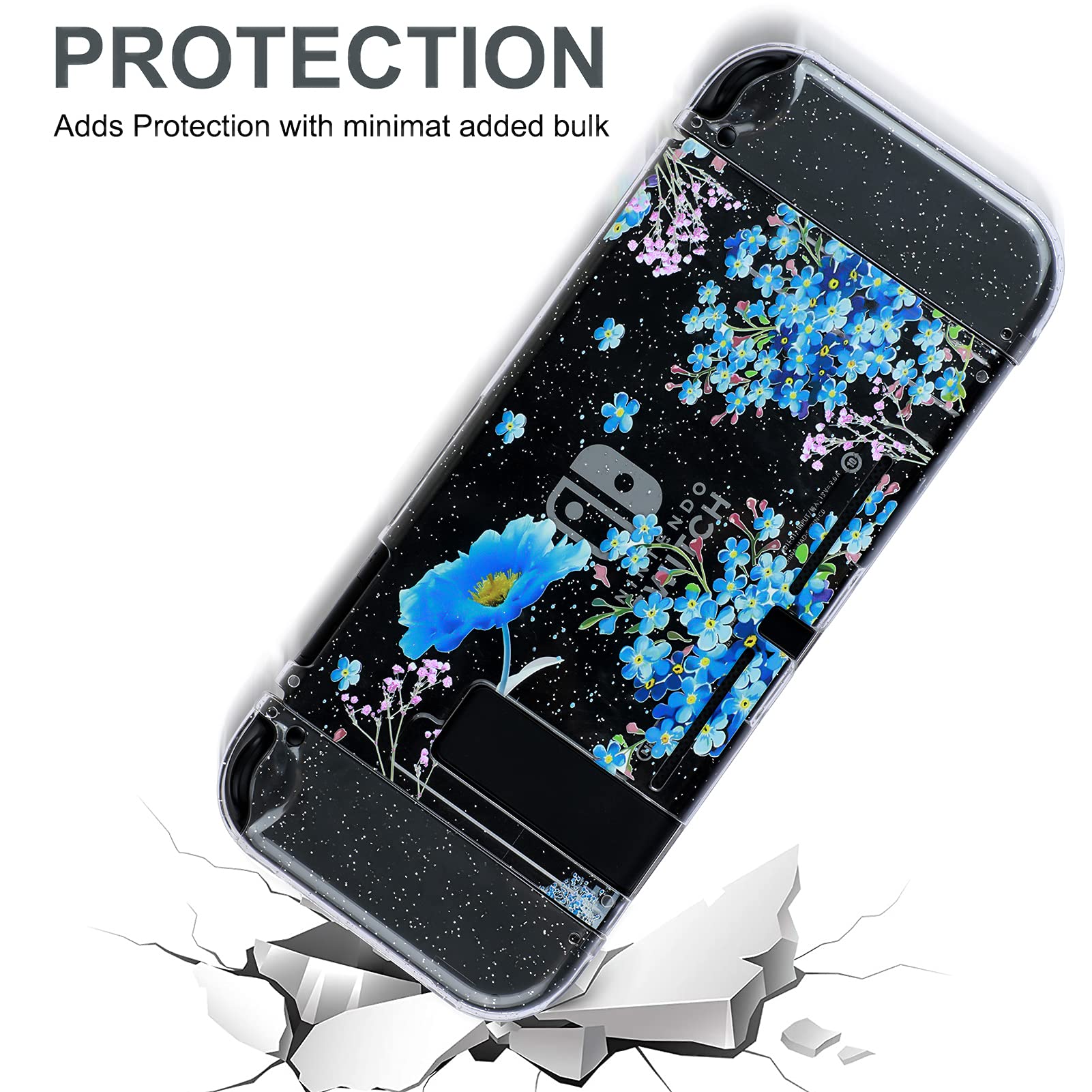 ThreeShip Kawvisy Dockable Crystal Case for Switch, Glitter Switch Cover with 4 Cute Cat Claw Thumb Grips and Screen Protector, Sparkle Switch Case(Blue Flower)