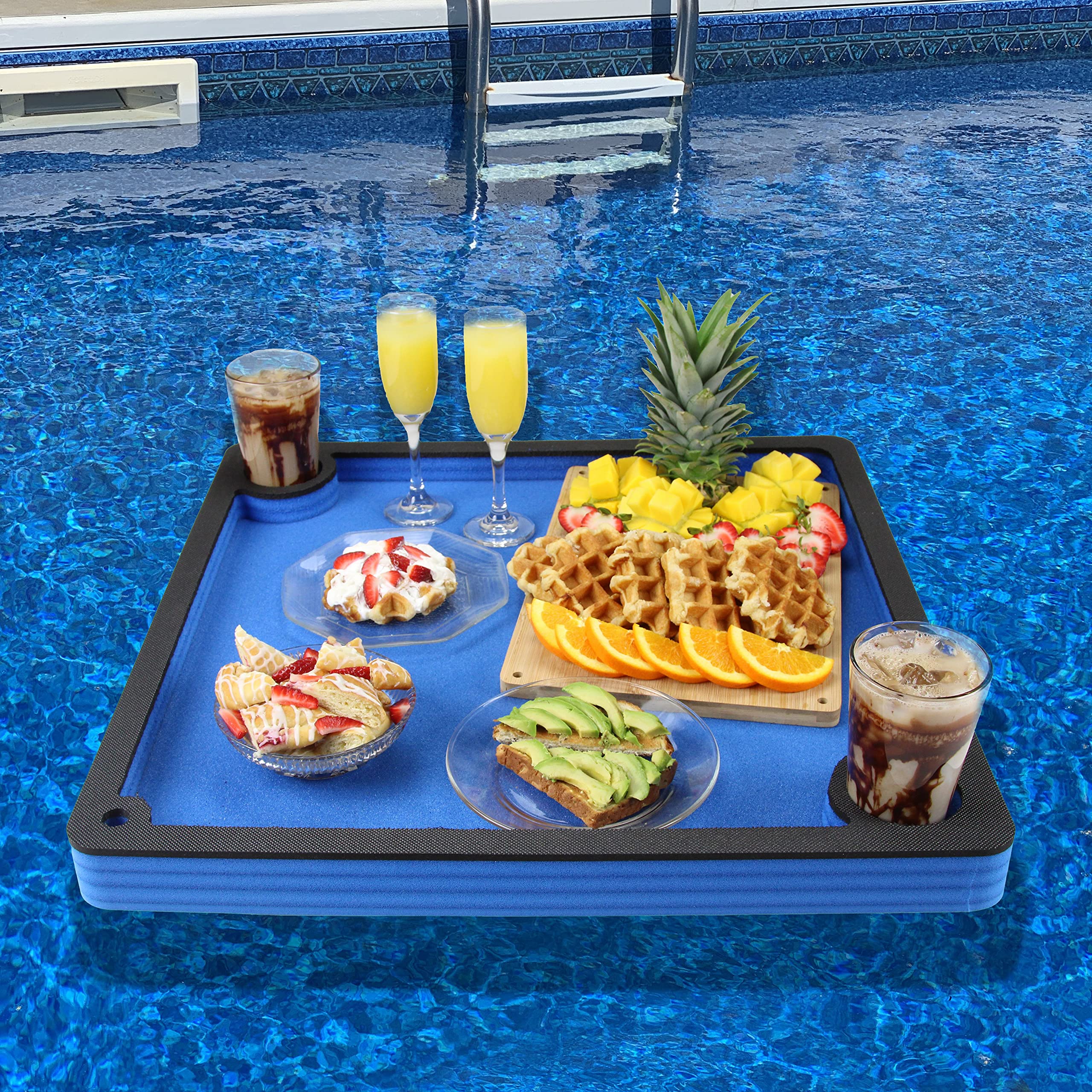 Polar Whale Floating Breakfast Table Serving Buffet Blue and Black Tray Drink Holders for Swimming Pool or Beach Party Float Lounge Refreshment Durable Foam UV Resistant with Cup Holders 24 Inches