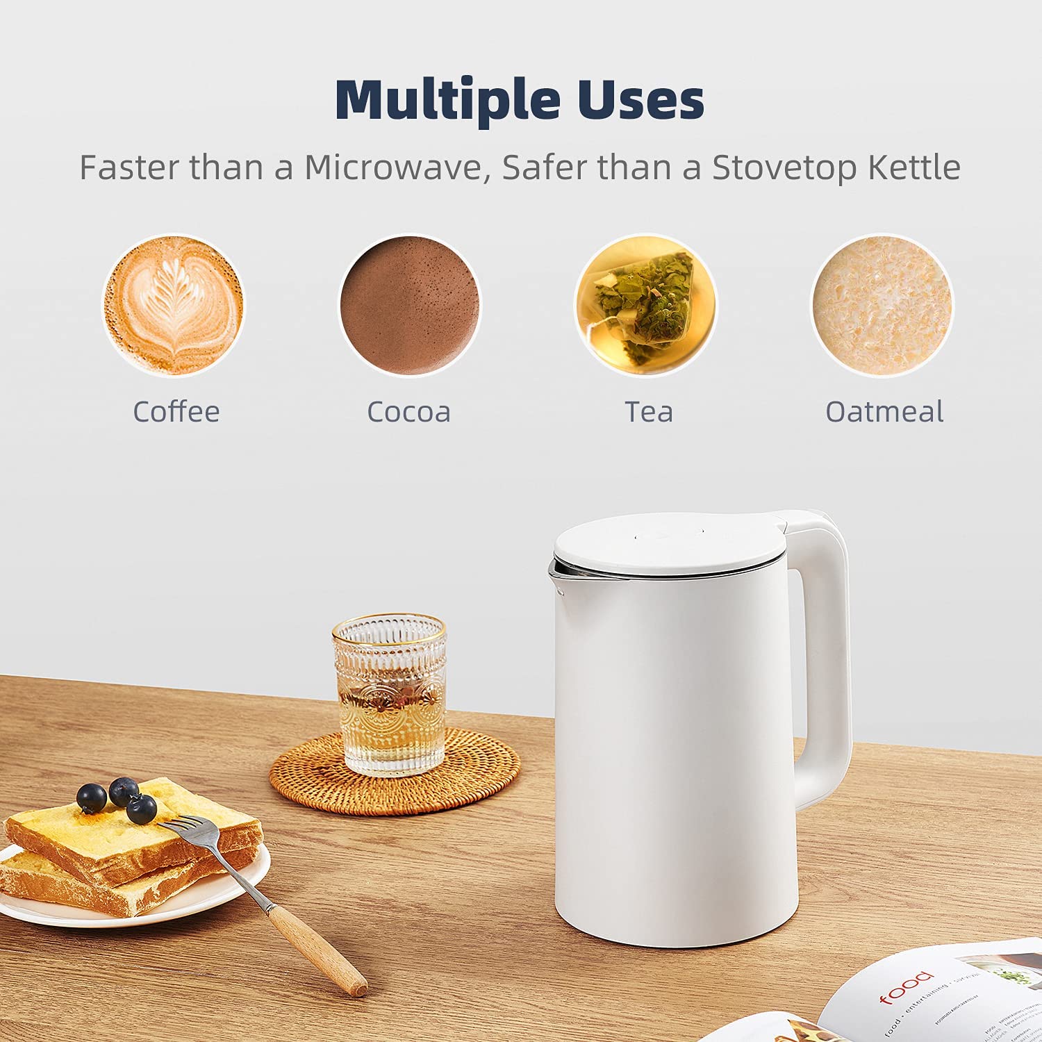 WEKING Home Electric Kettle, 1.5L Double Wall Electric Tea Kettle with Overheating Protection and Auto Shut-Off, 100% Stainless Steel BPA Free Water Heater Kettle with Keep Warm Function