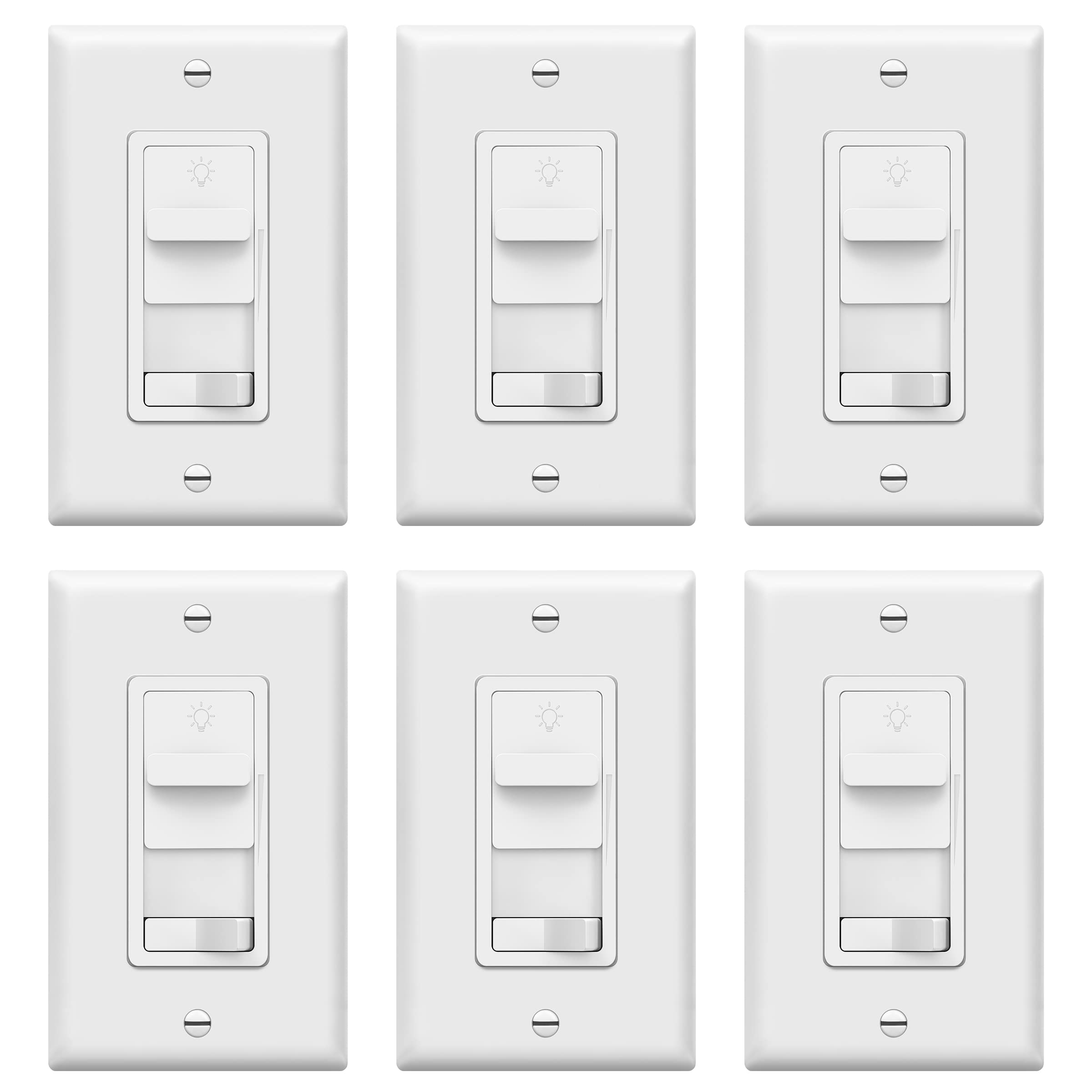 TOPGREENER Dimmer Light Switch for 200W Dimmable LED/CFL Lights, Single Pole/3-Way LED Slide Dimmer Switch,Neutral Wire Not Required,TGSDS3-W-6PCS, 6 Pack, White