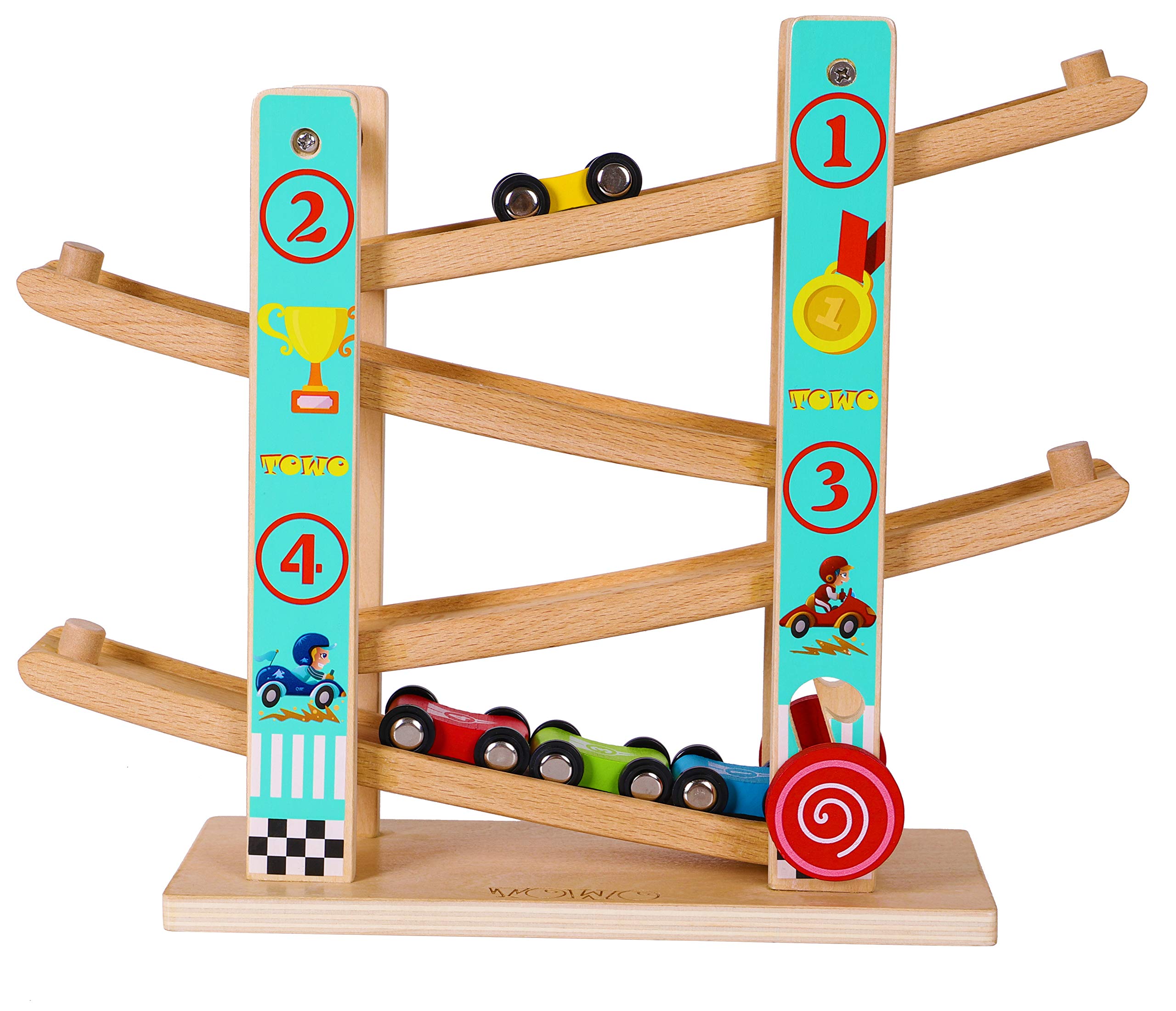 TOWO Pure Wooden Car Ramp - Zig Zag Car Slide Run with 4 Wooden Cars Playsets-Click Clack Track Wooden Car Toys for Toddlers -Racing Car Toys for Kids Boys Girls 2 3 4