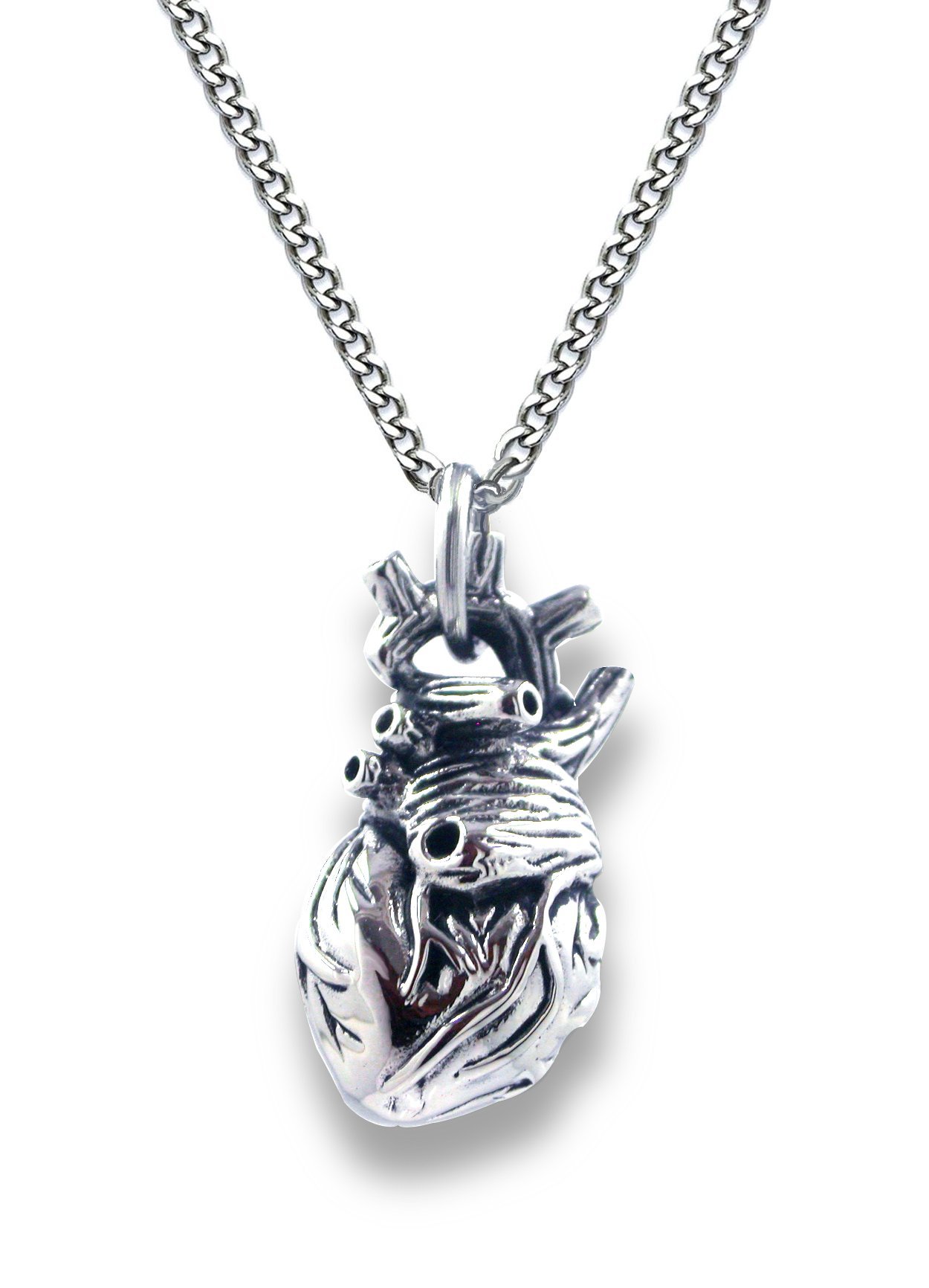 Pearlina Anatomical Heart Necklace Man or Woman 3D Pendant Oxidized Antique-Finish Stainless Steel, 24"