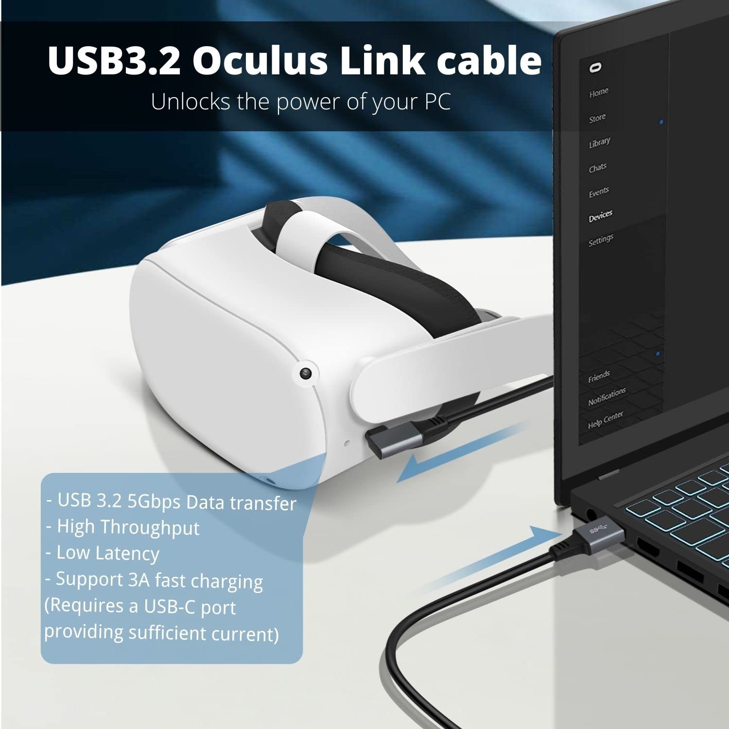TNP Link Cable 20 FT Compatible With Oculus Quest 2 - USB 3.2 to Type C Link Cable VR Quest 2 - High Speed Data Transfer and Fast Charing Quest 2 Link Cable for VR Headset to Gaming PC