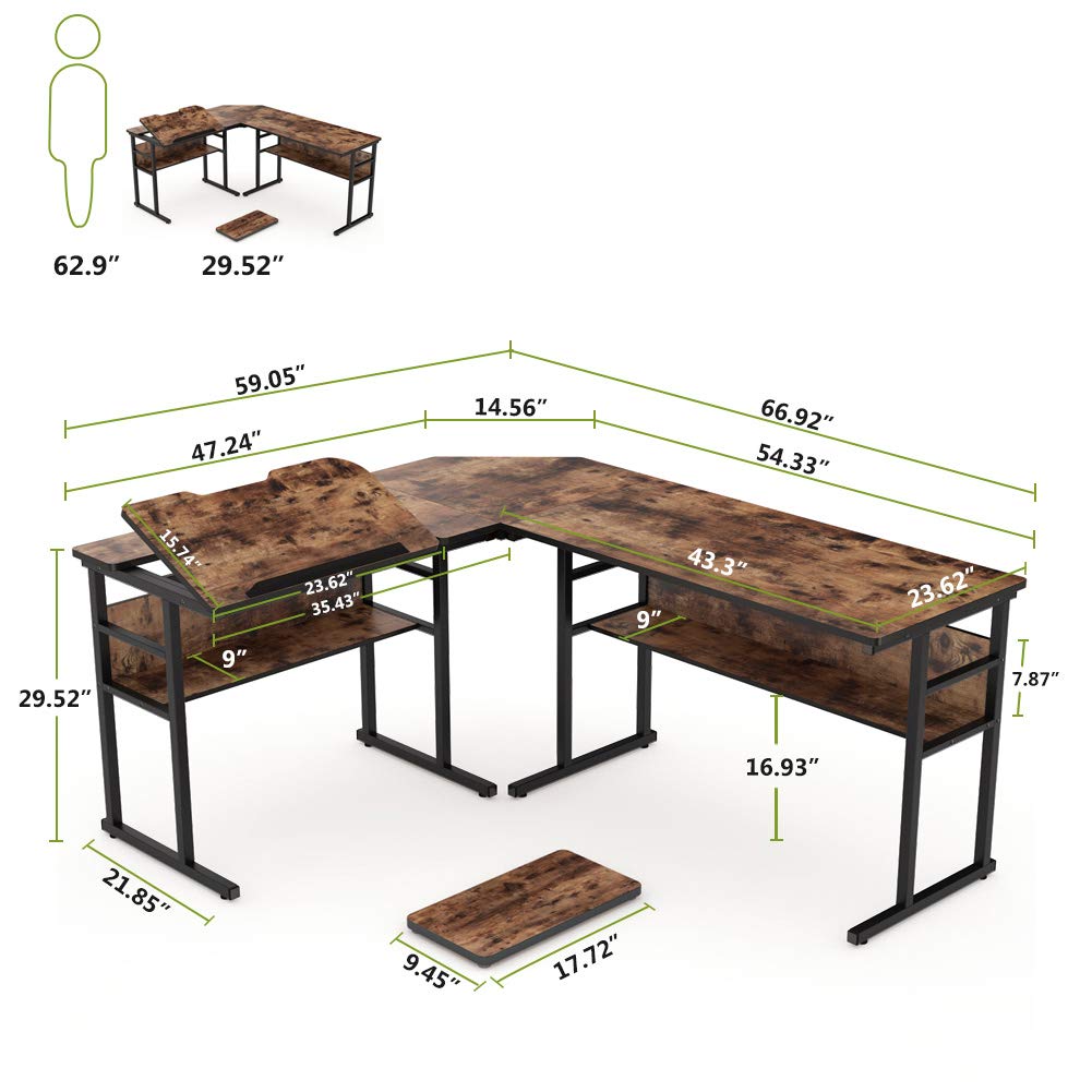 Tribesigns Industrial L-Shaped Desk with Bookshelf, 67 inch Double Corner Computer Office Desk Workstation Drafting Drawing Table with Tiltable Tabletop for Home Office(Rustic Brown)