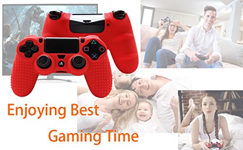PS4 Controller Grips,Pandaren Studded Anti-Slip Silicone Cover Skin Set Compatible for PS4 /Slim/PRO Controller(Red Controller Skin x 1 + FPS PRO Thumb Grips x 8)