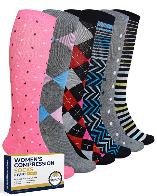 Pembrook Light Compression Socks for Women - 6 Pairs | 8-15 mmHg Compression Socks Women | Polkadots, Polkadots, Argyle, Striped Compression Socks Women | Cotton Compression Socks for Women