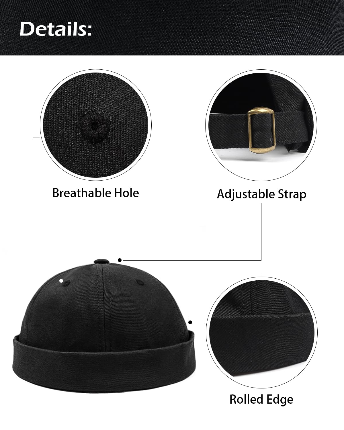 Zylioo Oversize XXL Brimless Harbour Hat,Adjustable Docker Cap for Big Heads,No Brim Ball Cap for Men and Women Black