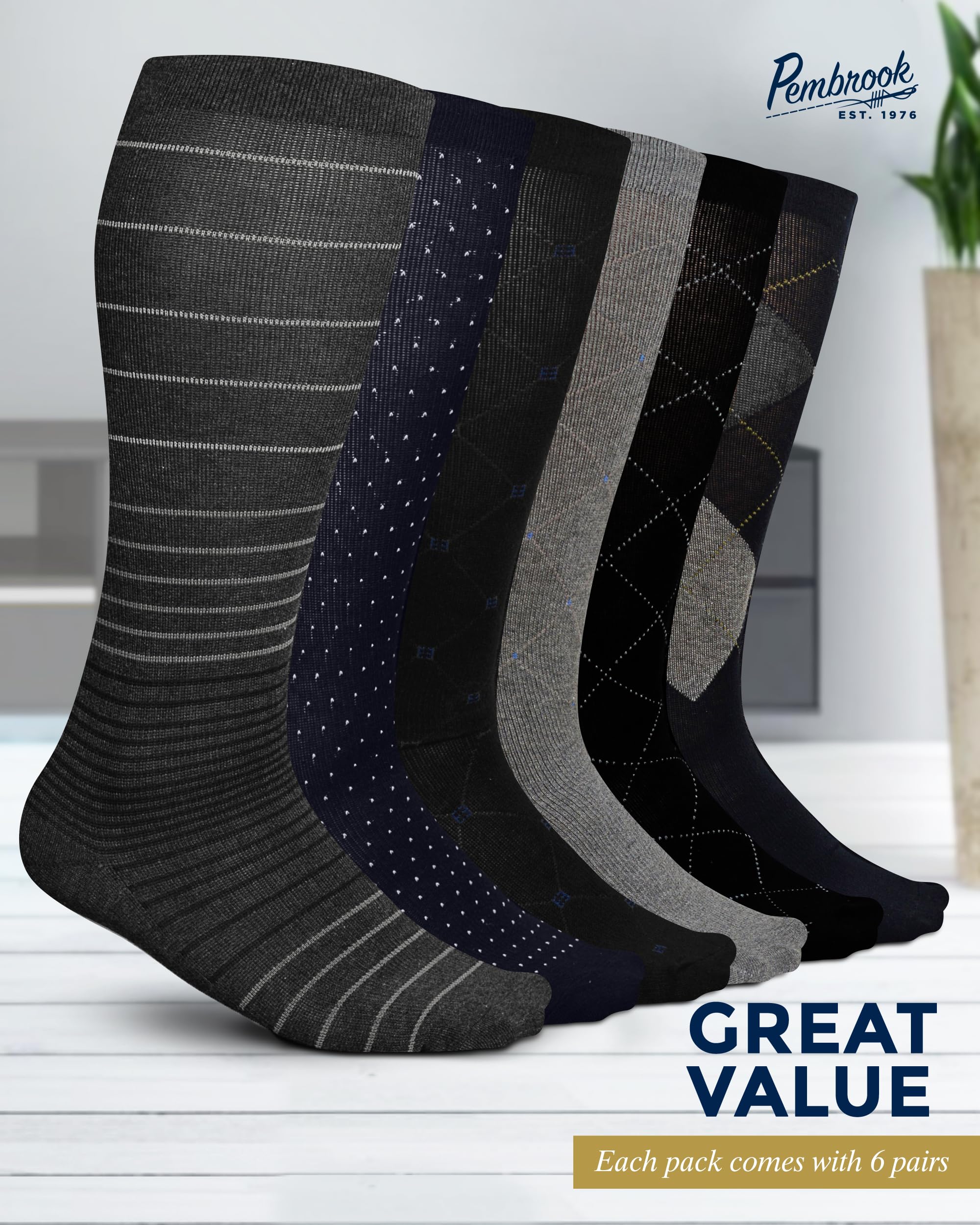 Pembrook Light Compression Socks for Men - 6 Pairs | 8-15 mmHg Cotton Compression Socks Men | Polkadots, Stripes, Argyle, Grey, Black Compression Socks for Men | Support Socks for Men