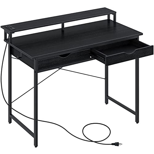 Rolanstar Computer Desk with 2 Drawers and Power Outlet, 39" Home Office Writing Desk with Monitor Stand, Workstation Table with Stable Metal Frame, Black
