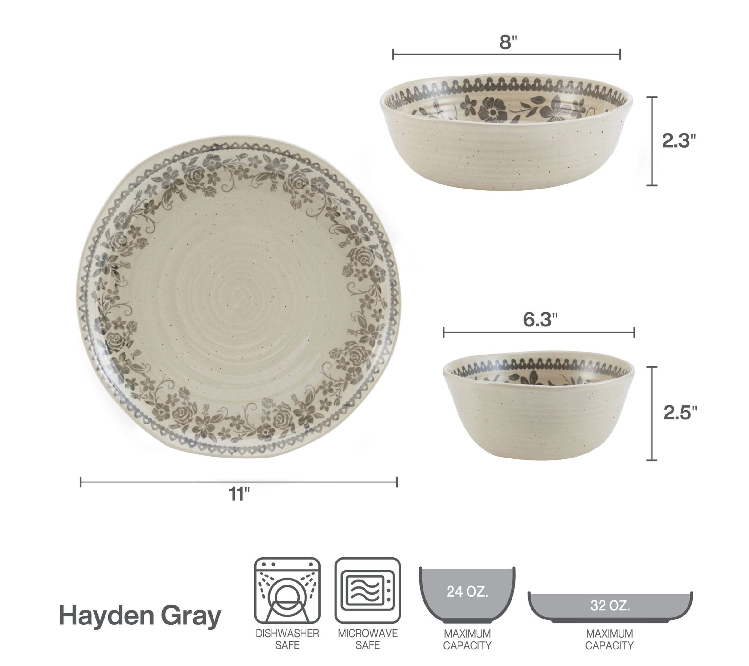 Pfaltzgraff Hayden Floral 12 Piece Dinnerware Set, Service for 4, Grey