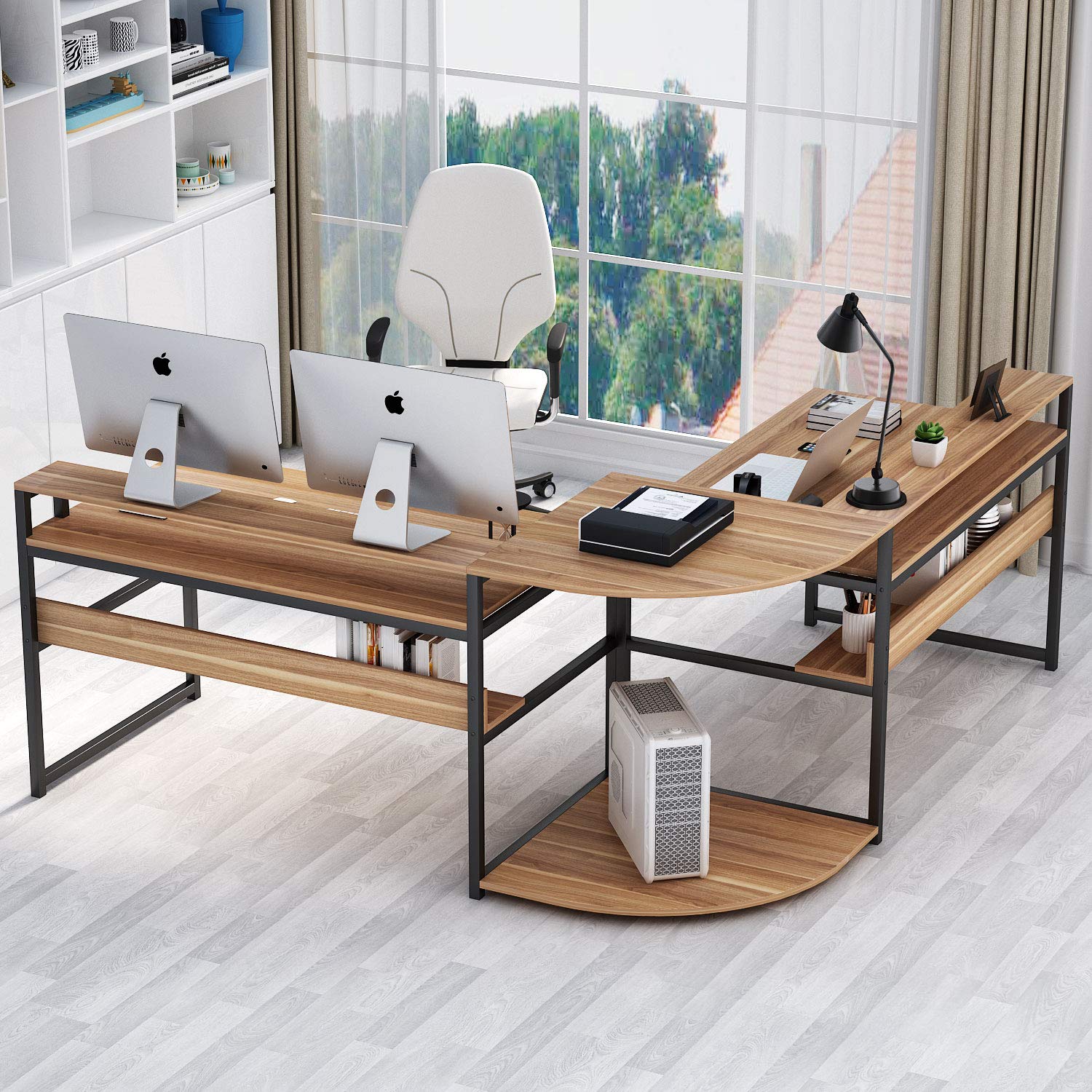 Tribesigns L-Shaped Computer Desk with Storage Shelves, Modern Large Corner Computer Desk Study Writing Workstation with Monitor Riser & 3-Tier Corner Shelf for Home Office Use (Walnut)
