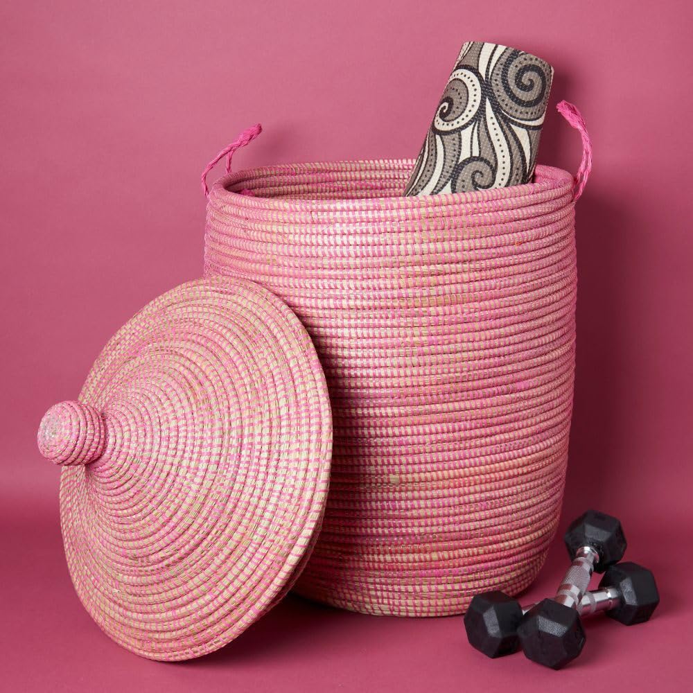 Senegalo 17" Small Woven Storage Basket (Pink Hooded)