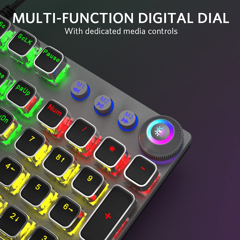 TEWELL Mechanical Gaming Keyboard, Rainbow LED Backlit Typewriter Keyboards with Removable Hand Rest, 104 Anti-ghosting Keys, Quick-Responsible Black Switches for PC, Laptop, Computer