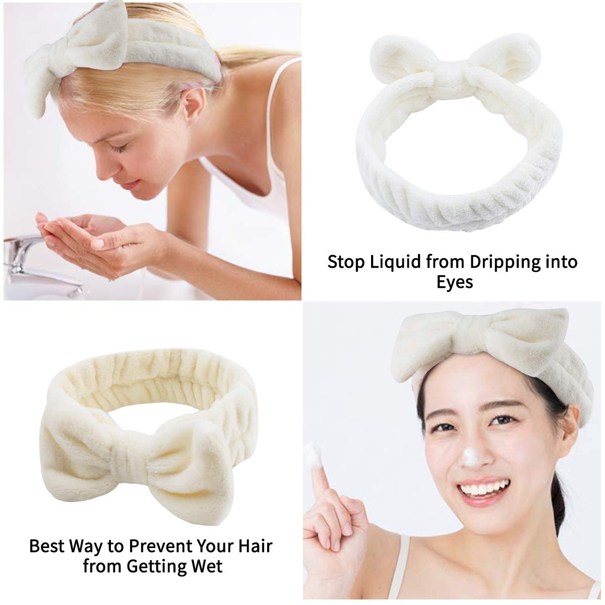 TOBATOBA Soft Bow Hair Bands - 8 Pack Fluffy Head Wraps for Skincare, Makeup or Shower, Solid Color Cute Headbands for Women